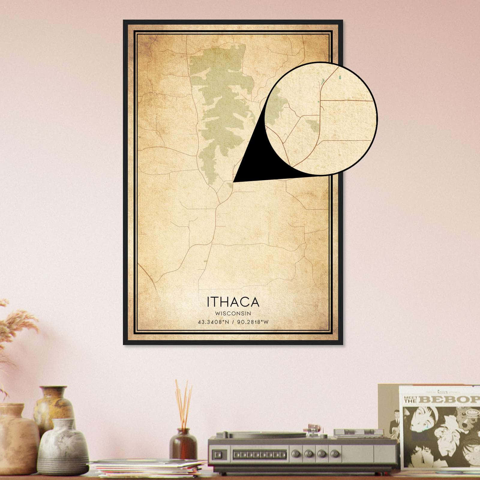Vintage Ithaca Wisconsin Map Poster, Ithaca WI City Road Wall Art Print ...