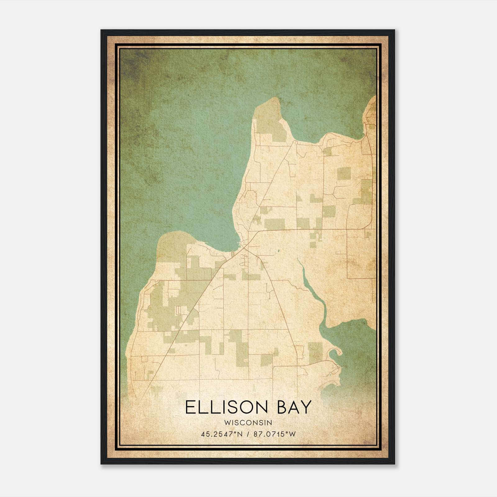 Vintage Ellison Bay Wisconsin Map Poster, Ellison Bay WI City Road Wall ...