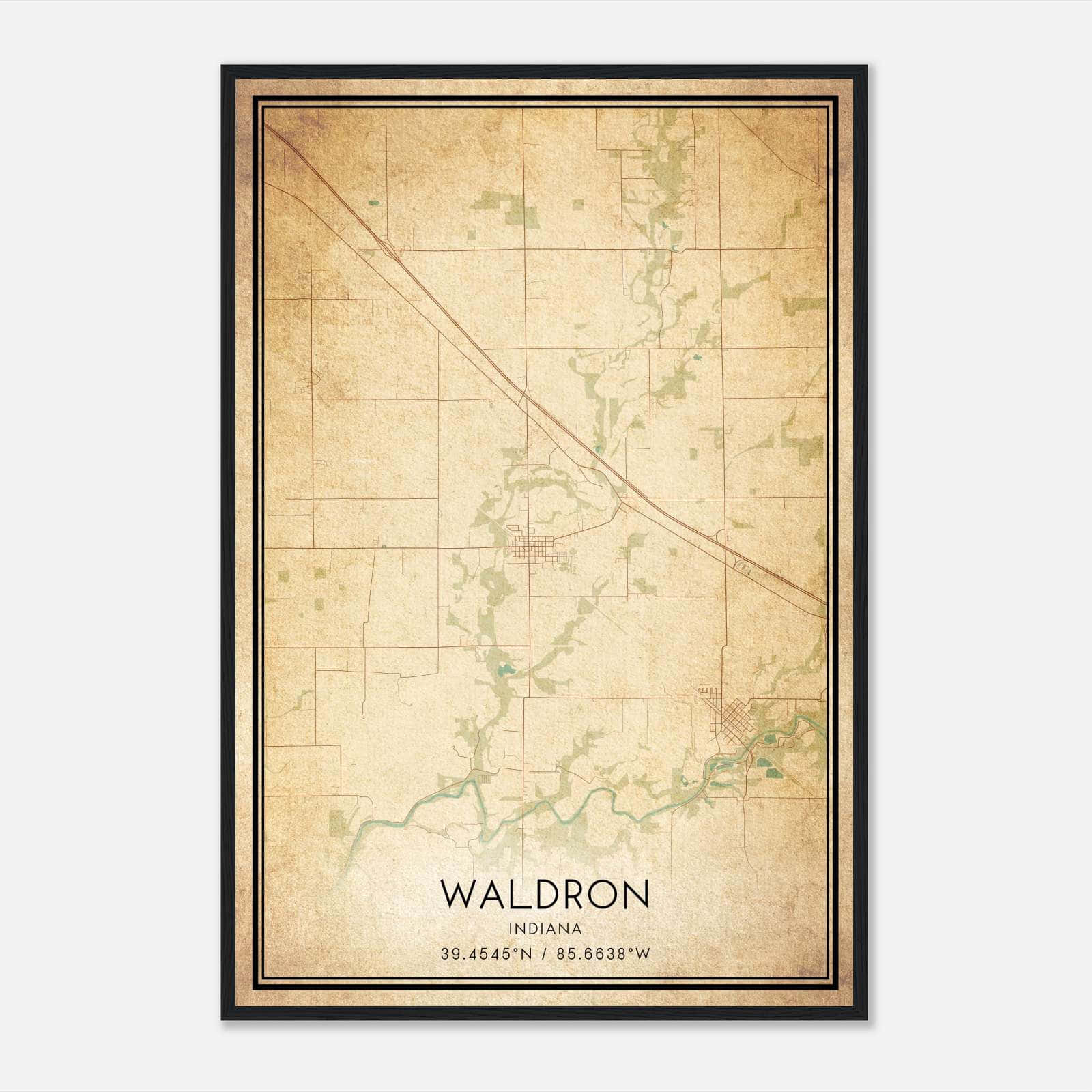 Vintage Waldron Indiana Map Poster, Waldron IN City Road Wall Art Print ...