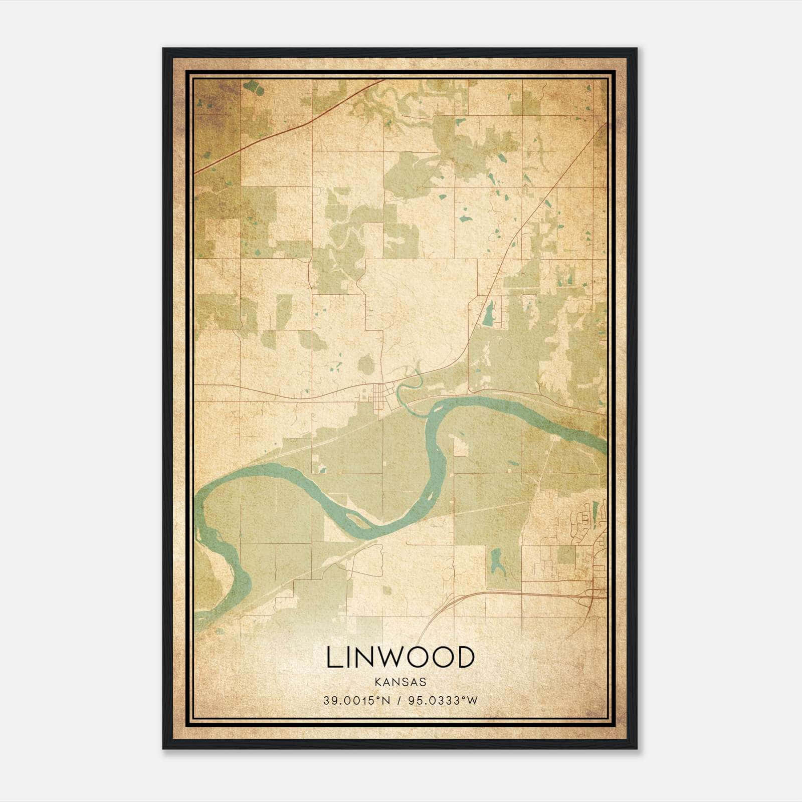 Vintage Linwood Kansas Map Poster, Linwood KS City Road Wall Art Print ...
