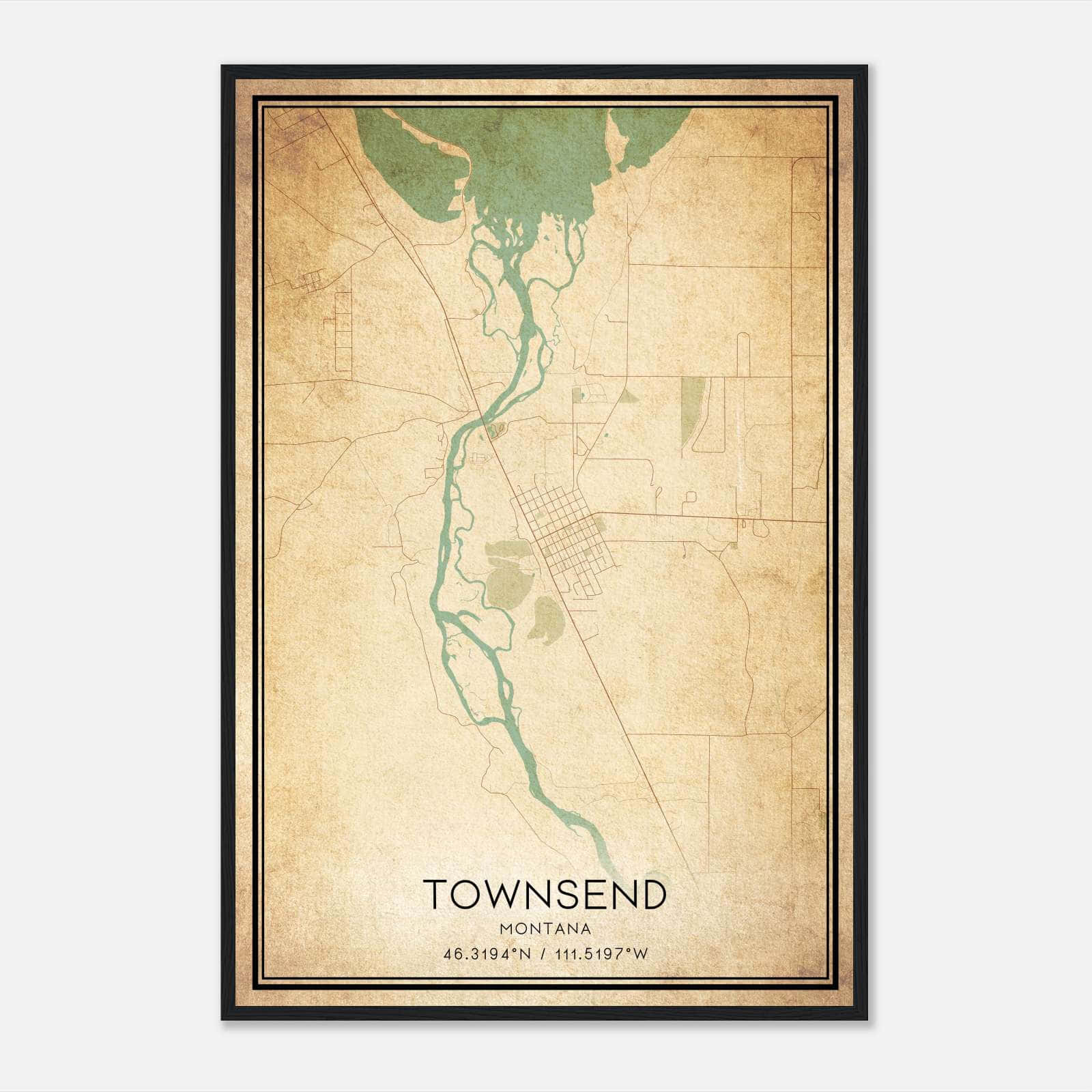 Vintage Townsend Montana Map Poster, Townsend MT City Road Wall Art ...