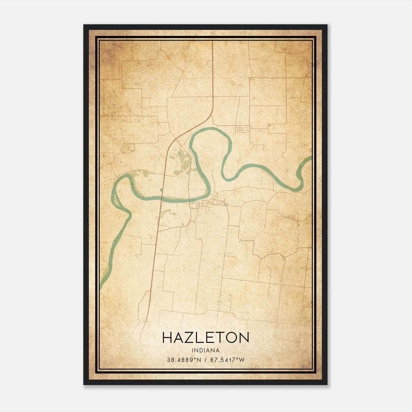 Vintage Hazleton Indiana Map Poster, Hazleton IN City Road Wall Art ...