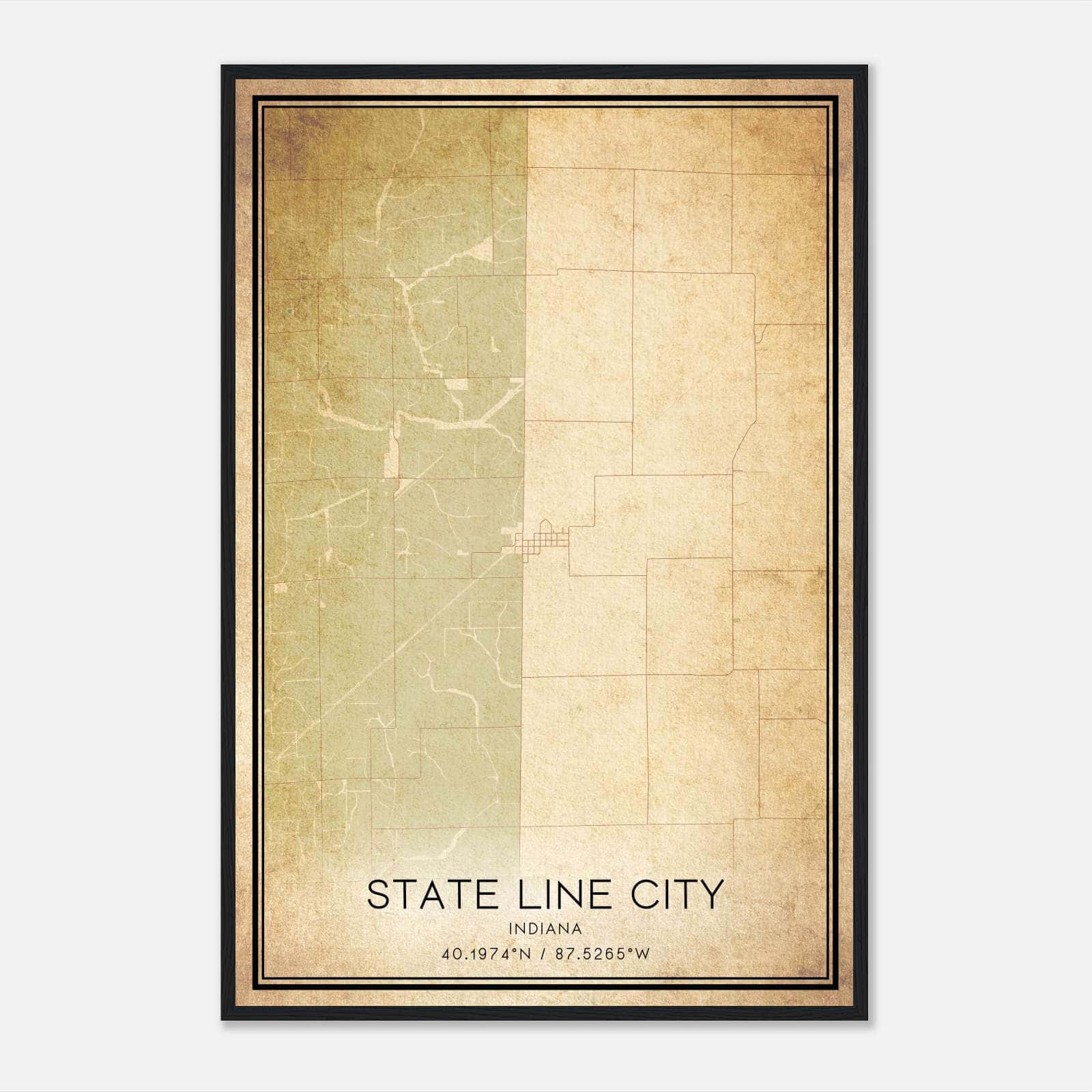Vintage State Line City Indiana Map Poster, State Line City IN City ...