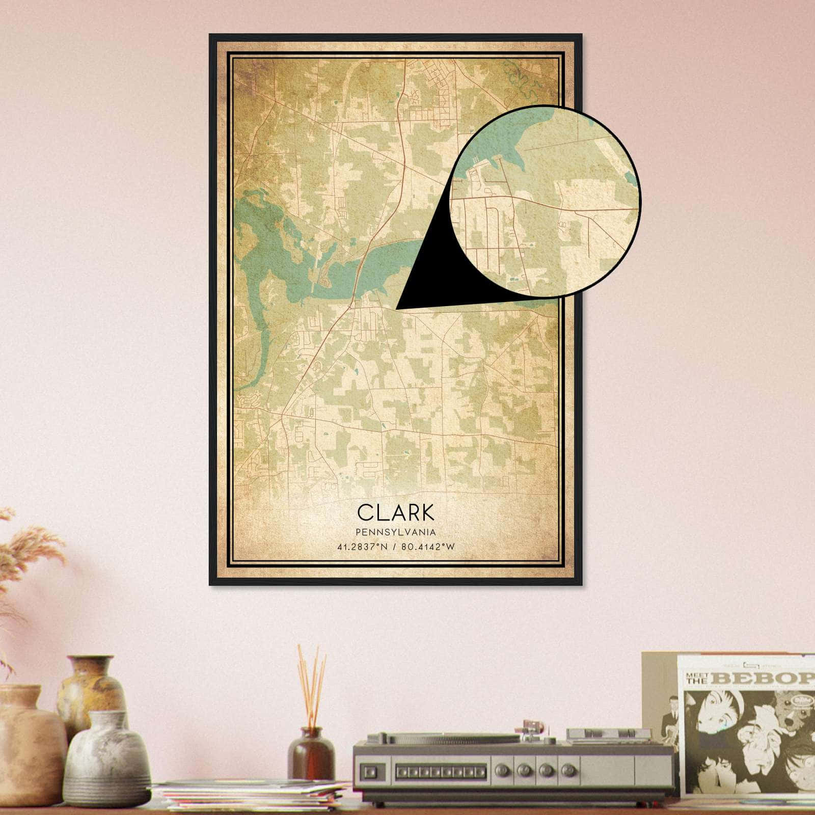 Vintage Clark Pennsylvania Map Poster, Clark PA City Road Wall Art ...