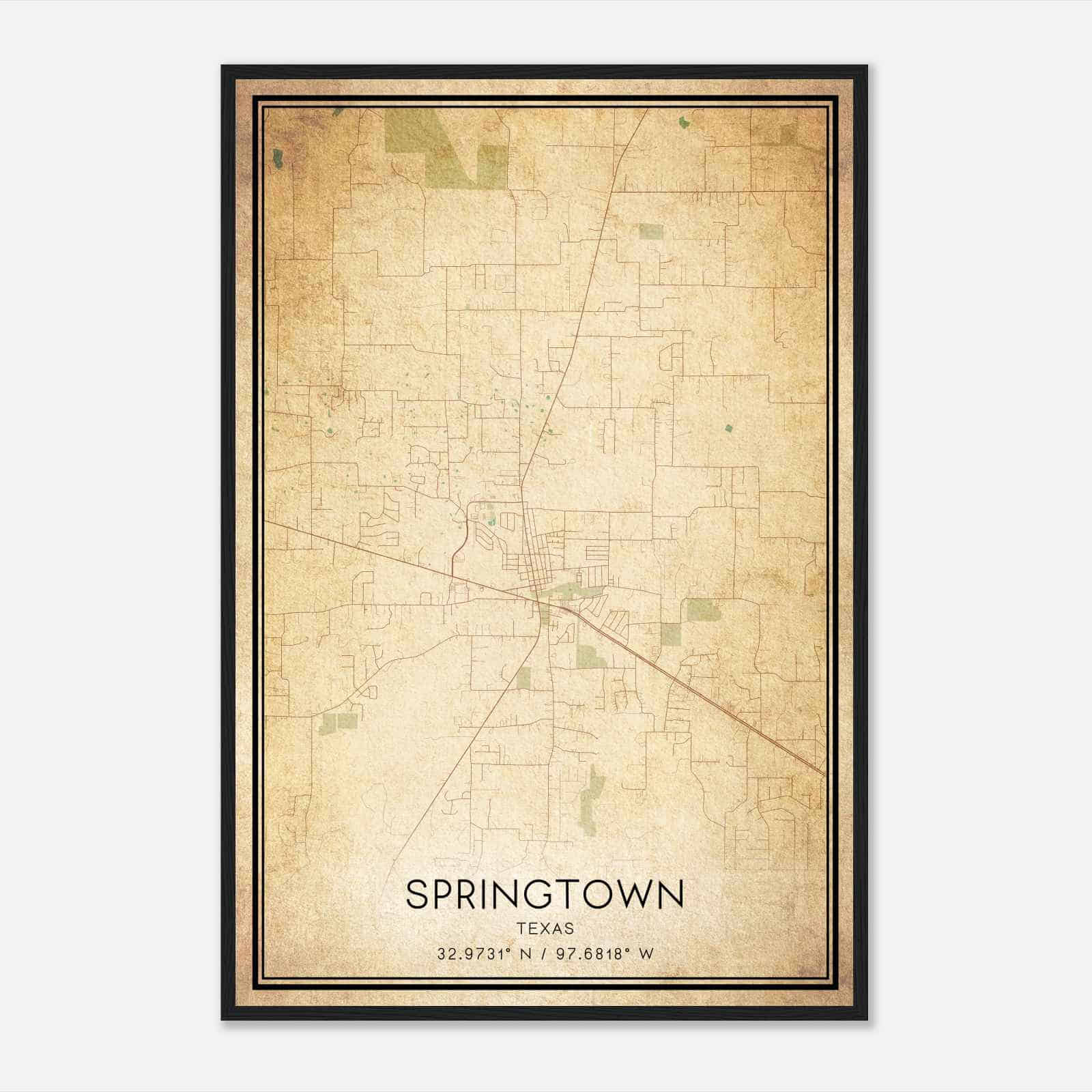 Vintage Springtown Texas Map Poster, Springtown TX City Road Wall Art ...