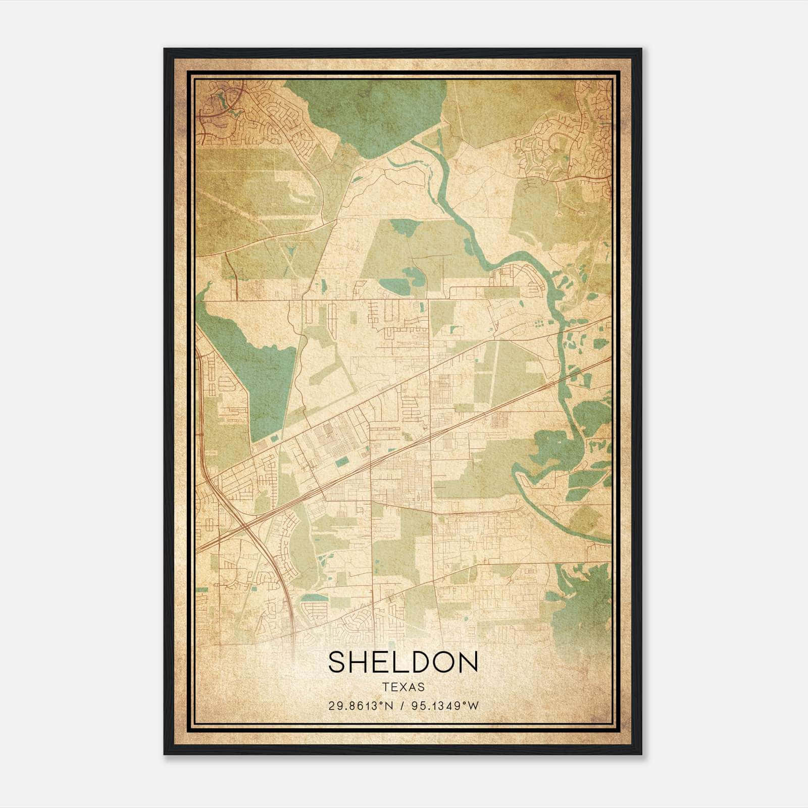 Vintage Sheldon Texas Map Poster, Sheldon TX City Road Wall Art Print ...