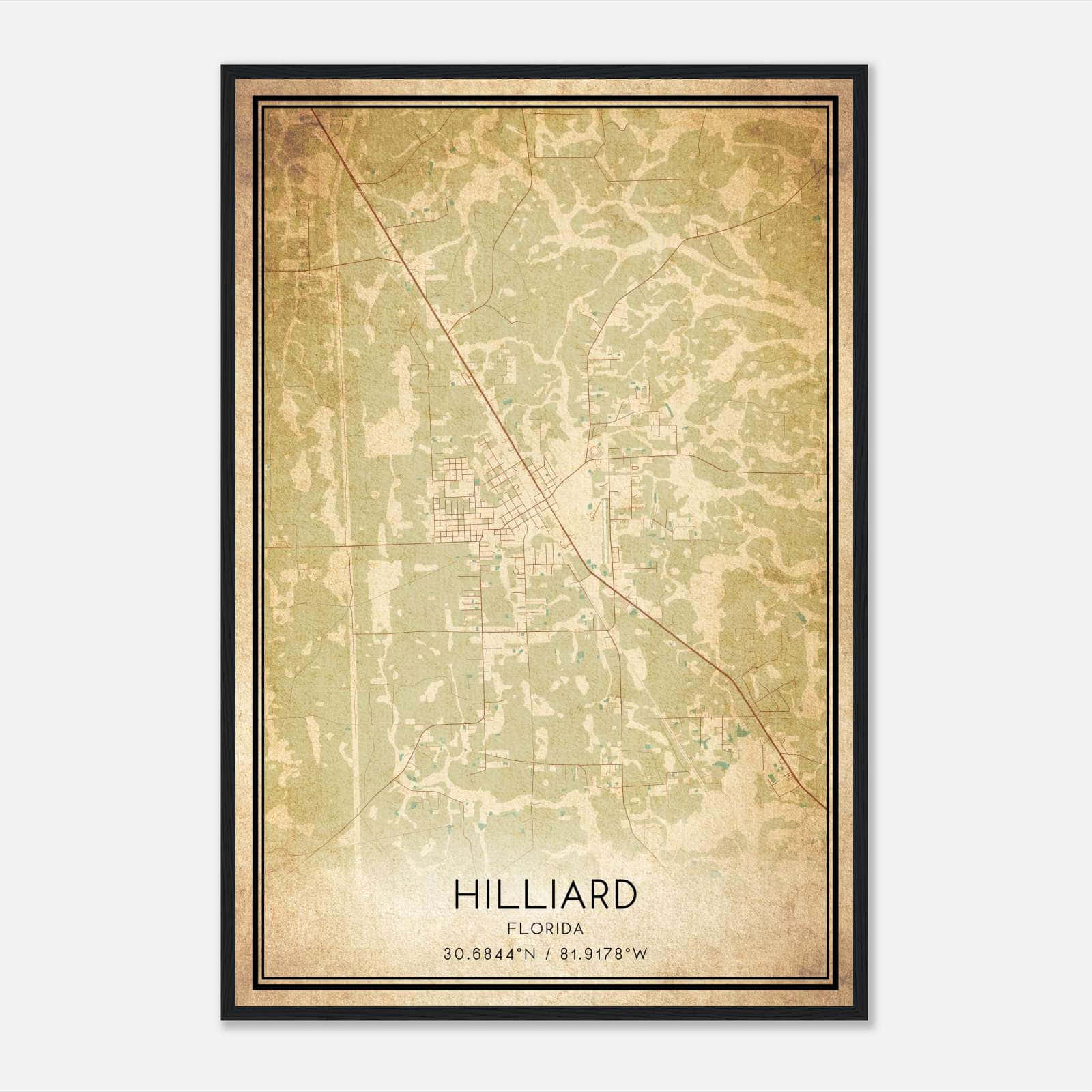 Vintage Hilliard Florida Map Poster, Hilliard FL City Road Wall Art ...