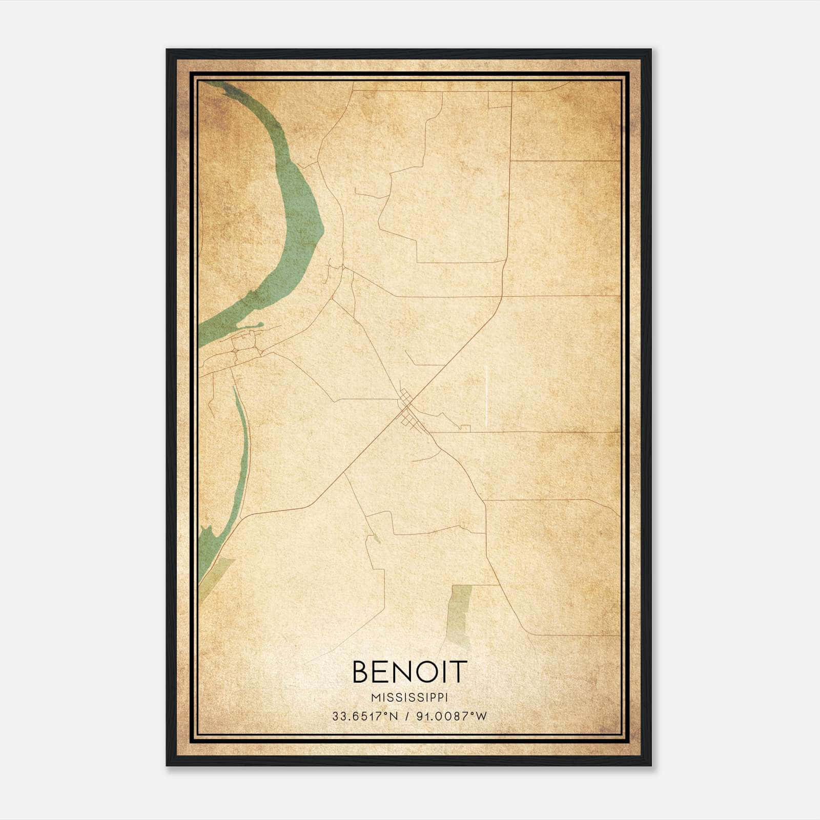 Vintage Benoit Mississippi Map Poster, Benoit MS City Road Wall Art ...