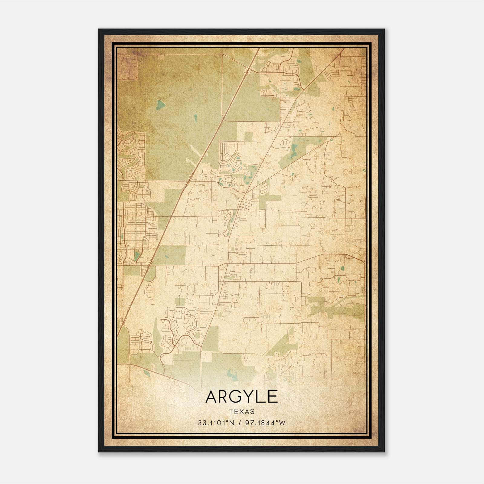 Vintage Argyle Texas Map Poster, Argyle TX City Road Wall Art Print ...