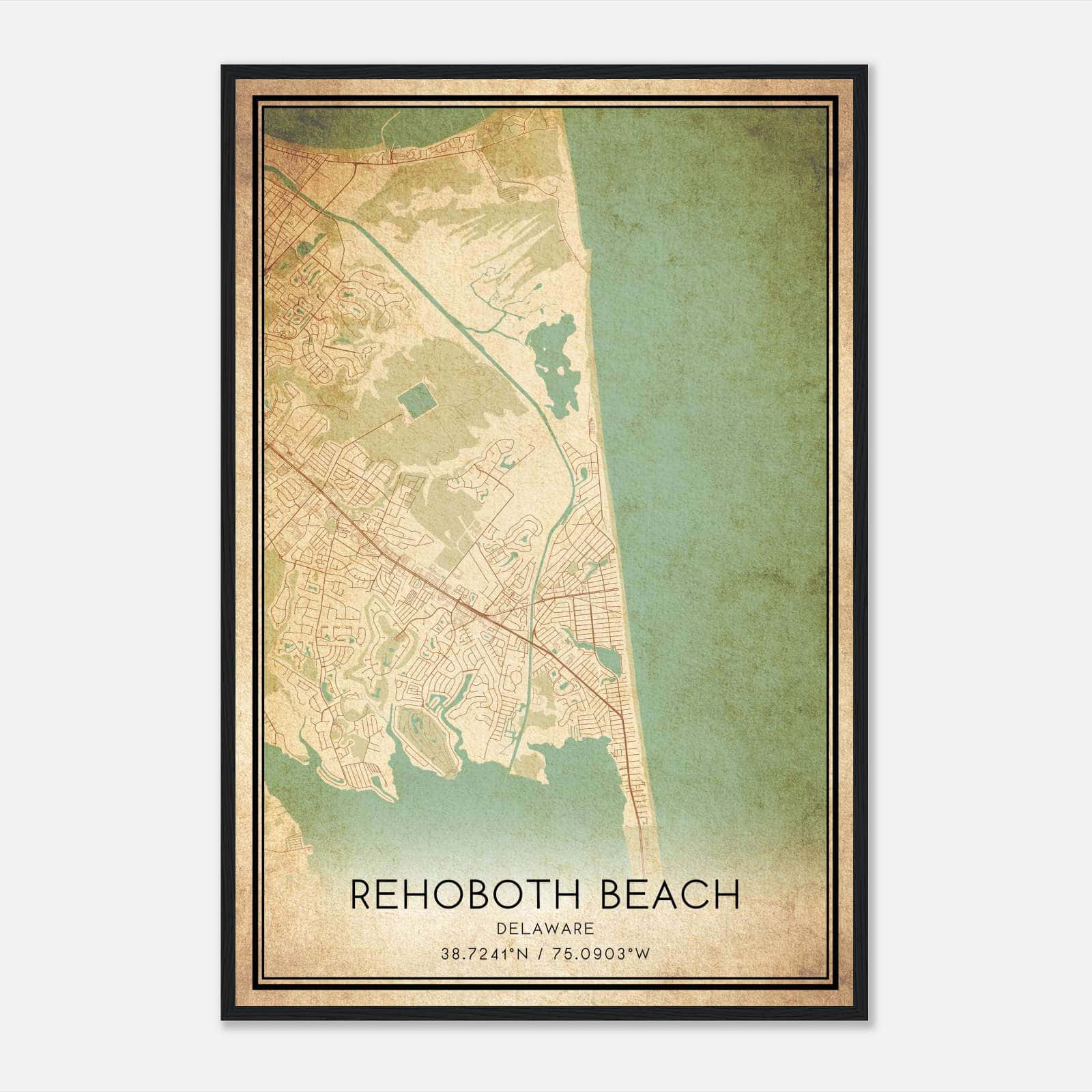Vintage Rehoboth Beach Delaware Map Poster, Rehoboth Beach DE City Road ...