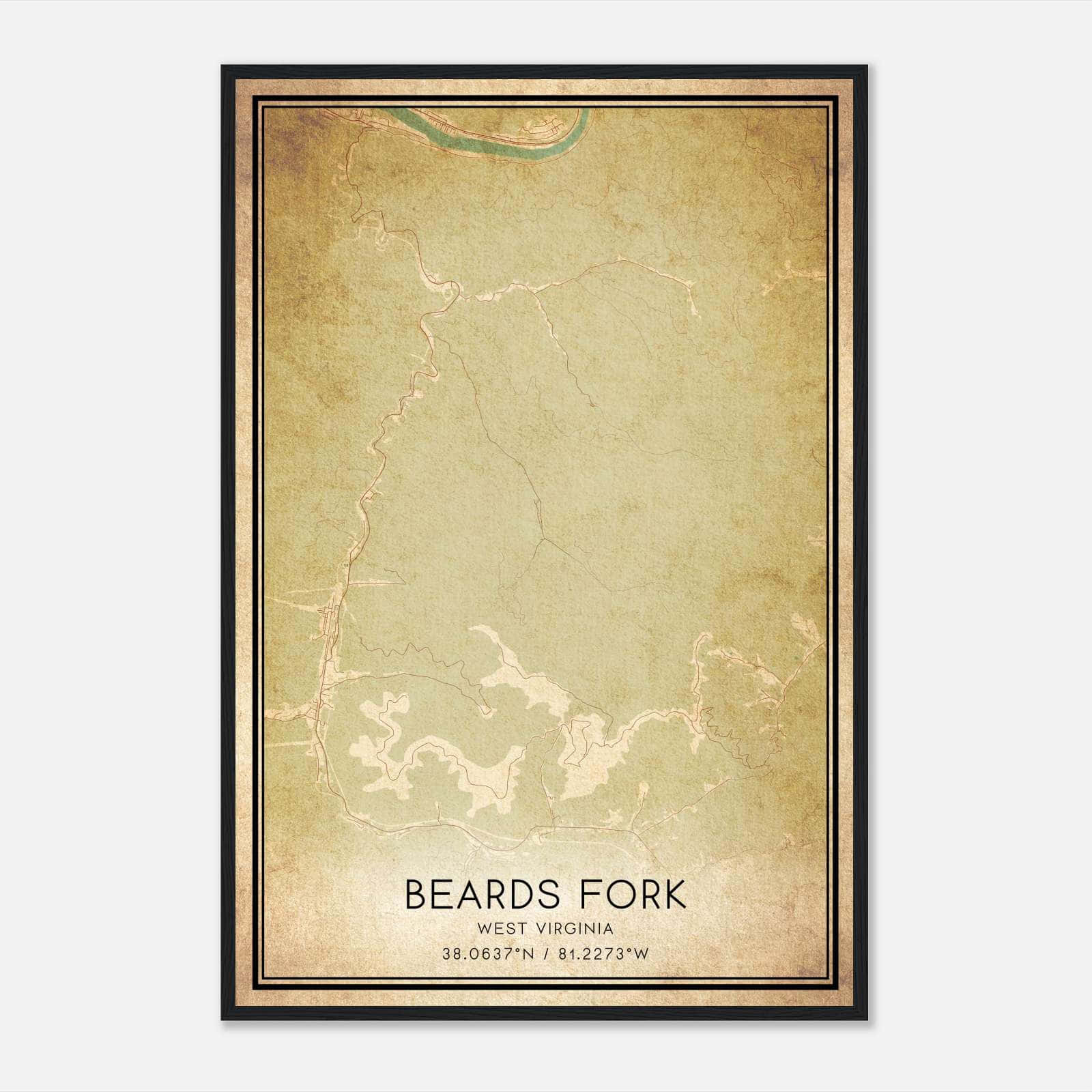 Vintage Beards Fork West Virginia Map Poster, Beards Fork WV City Road ...