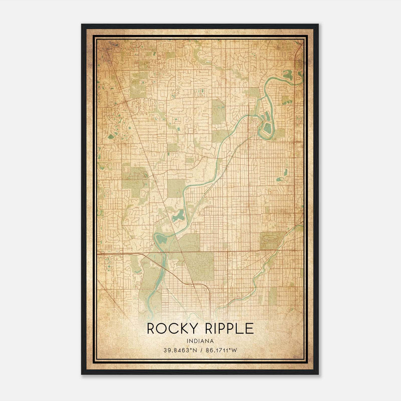 Vintage Rocky Ripple Indiana Map Poster, Rocky Ripple IN City Road Wall ...