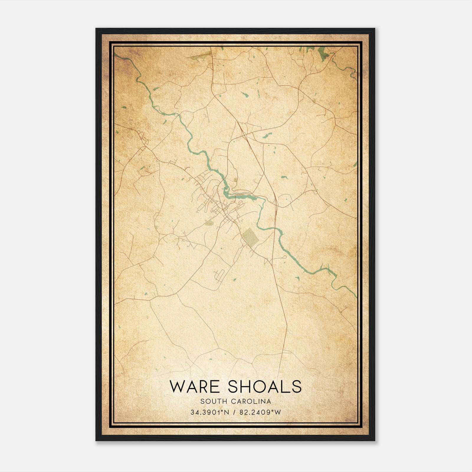 Vintage Ware Shoals South Carolina Map Poster, Ware Shoals SC City Road ...