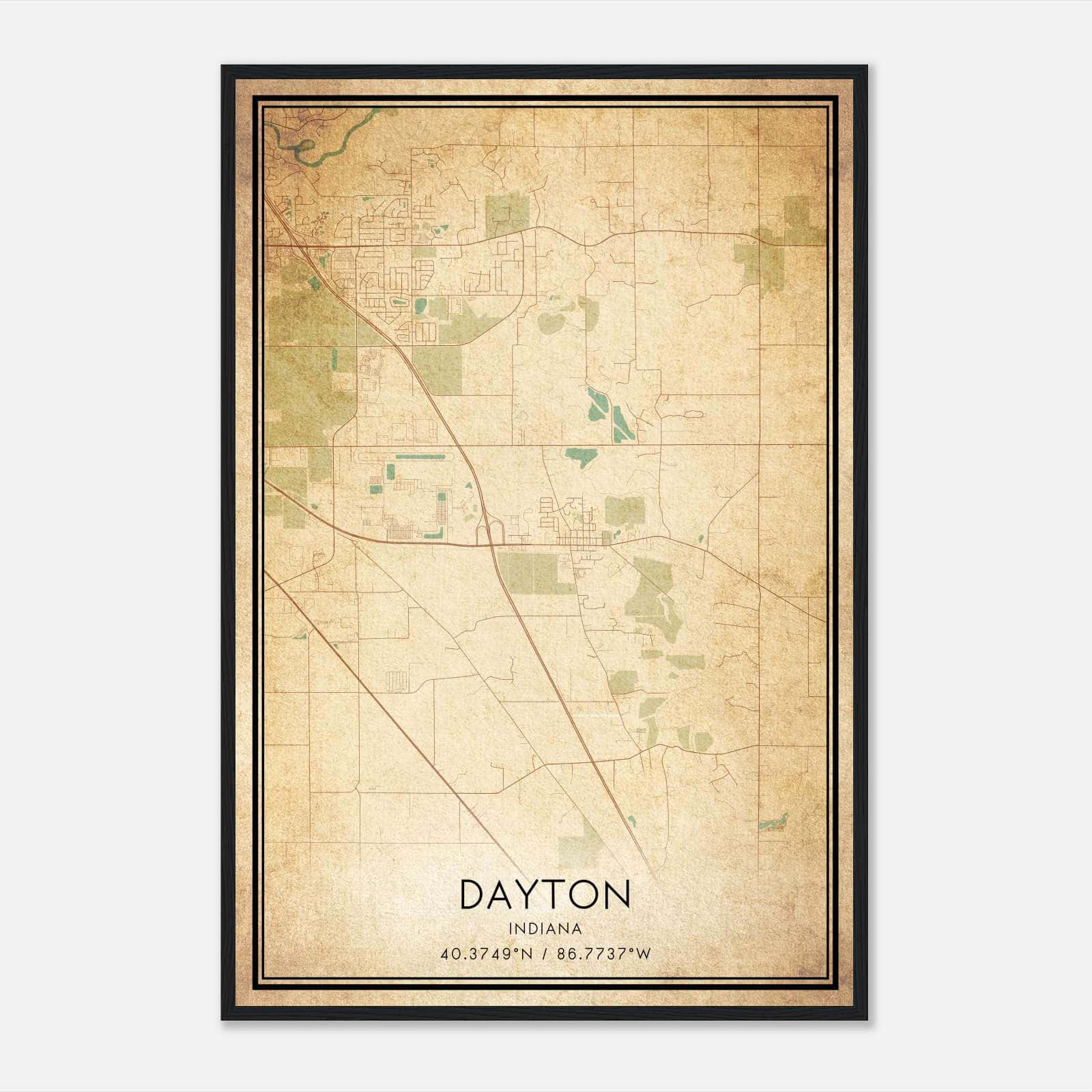 Vintage Dayton Indiana Map Poster, Dayton IN City Road Wall Art Print ...