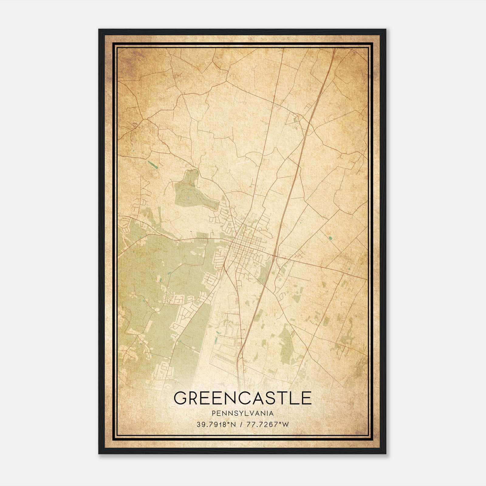 Vintage Greencastle Pennsylvania Map Poster, Greencastle PA City Road Wall Art Print - Custom ...