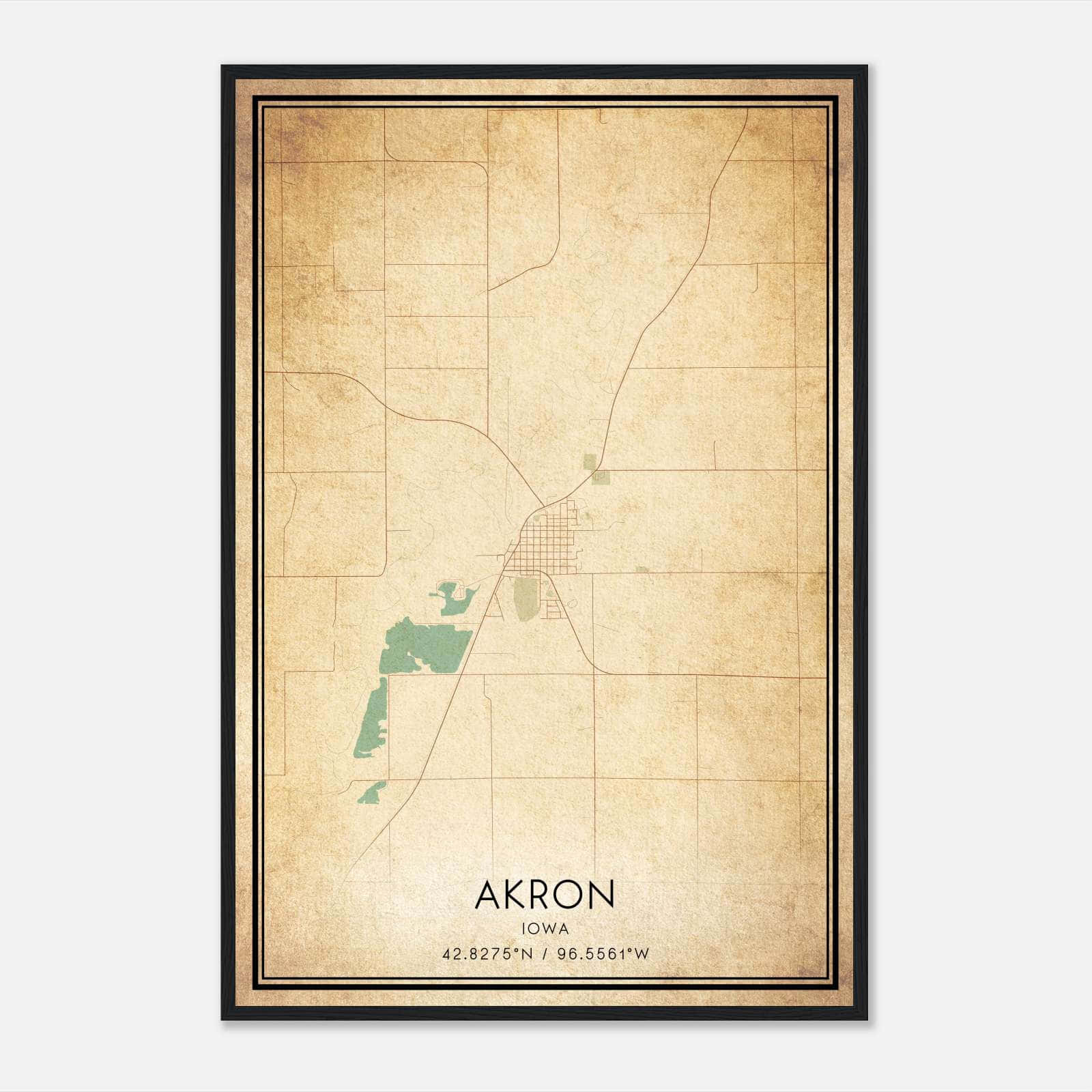 Vintage Akron Iowa Map Poster, Akron IA City Road Wall Art Print ...