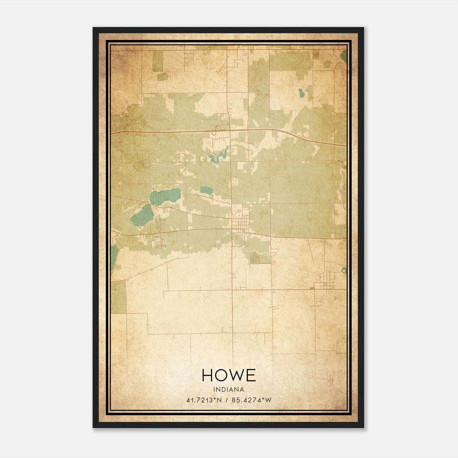 Vintage Howe Indiana Map Poster, Howe IN City Road Wall Art Print ...