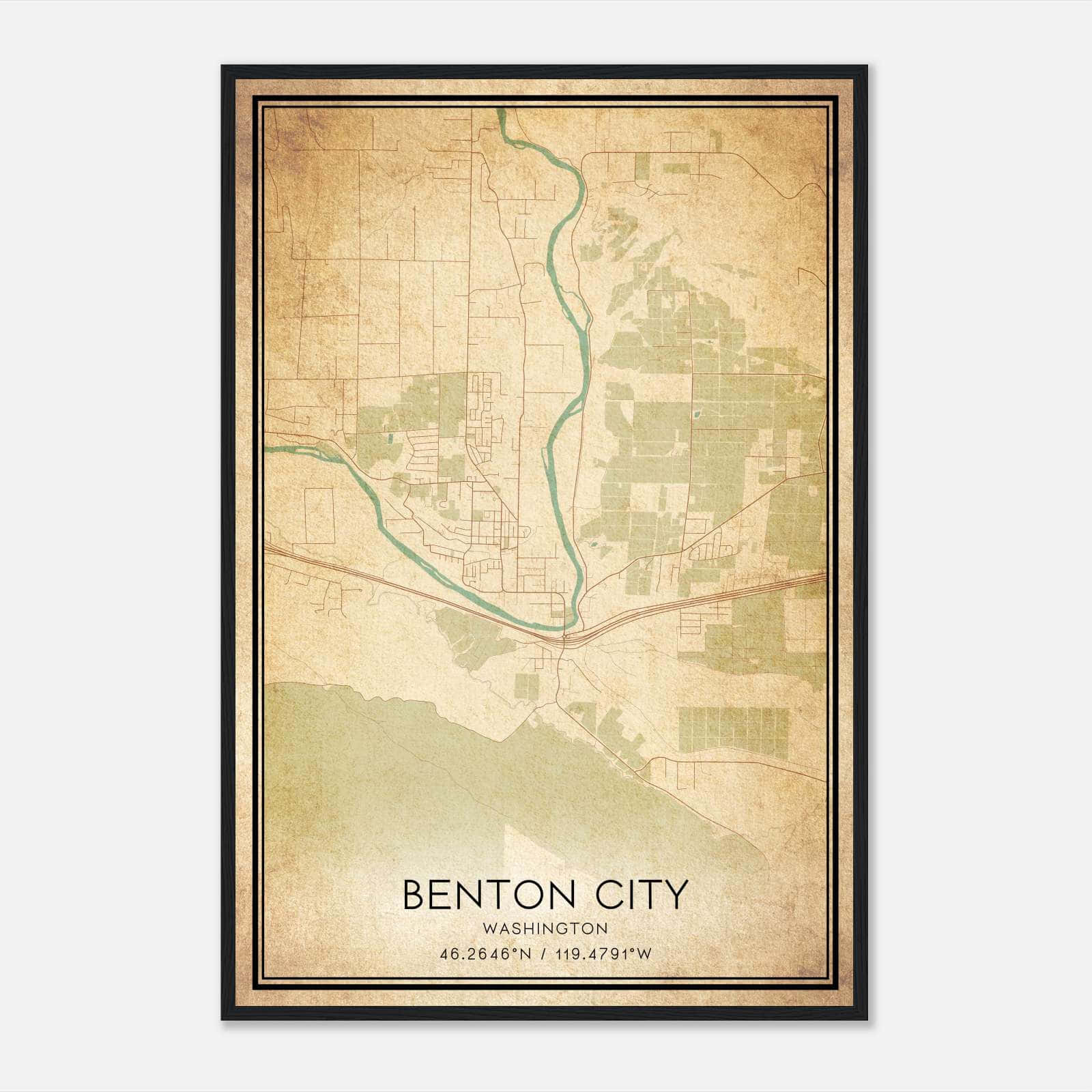 Vintage Benton City Washington Map Poster, Benton City WA City Road ...