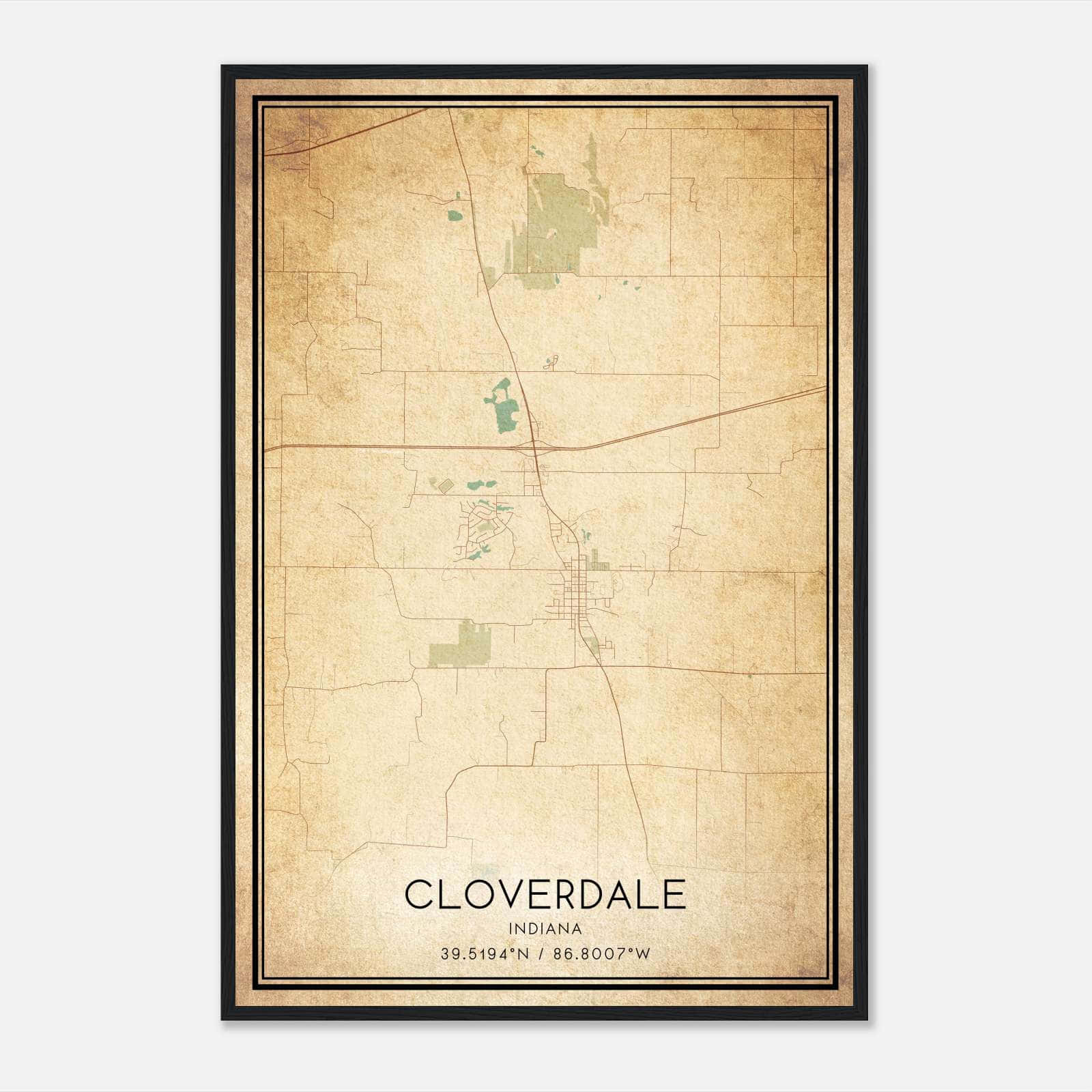 Vintage Cloverdale Indiana Map Poster, Cloverdale IN City Road Wall Art ...