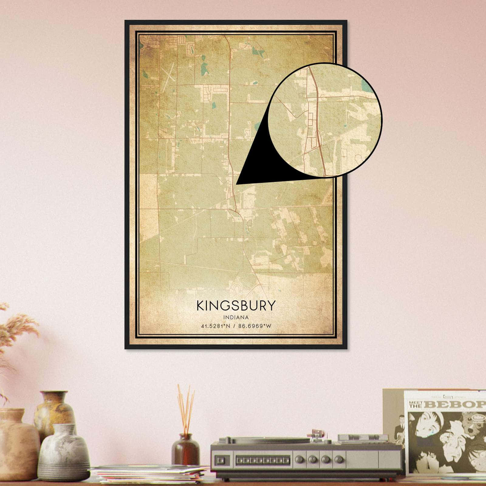 Vintage Kingsbury Indiana Map Poster, Kingsbury IN City Road Wall Art ...