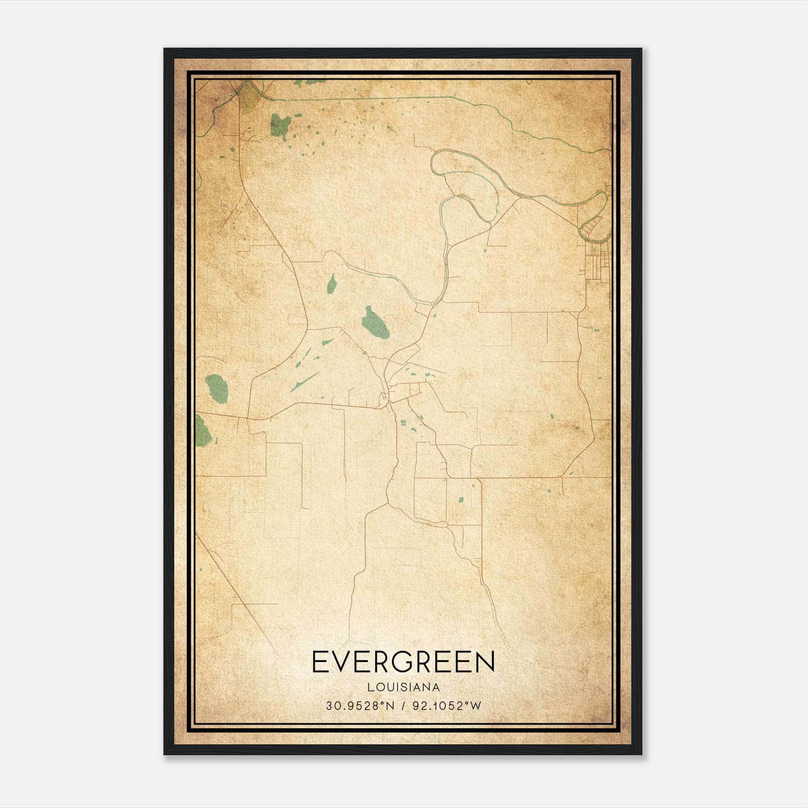 Vintage Evergreen Louisiana Map Poster, Evergreen LA City Road Wall Art ...