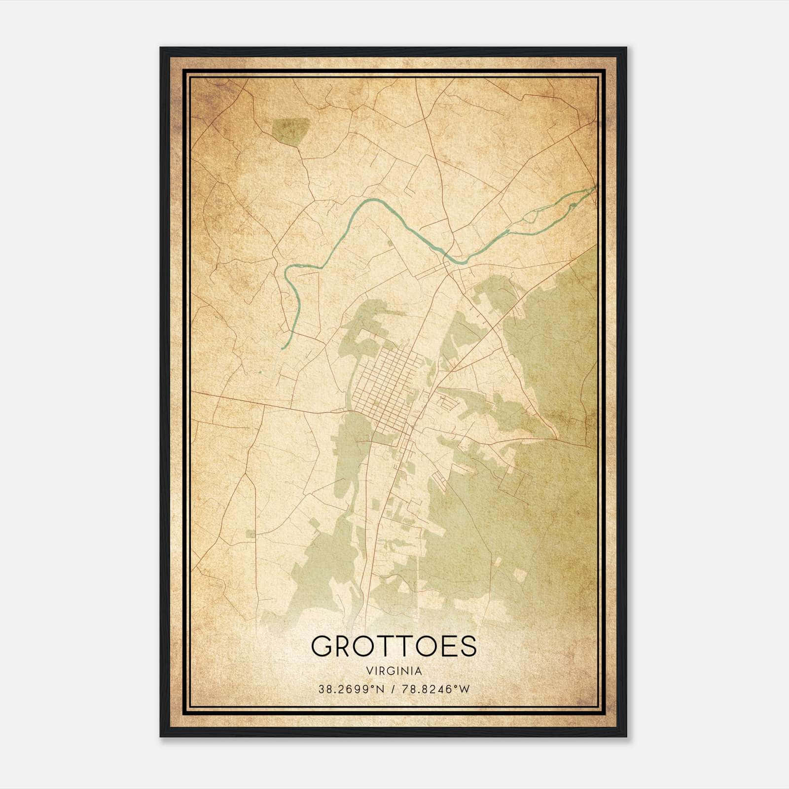 Vintage Grottoes Virginia Map Poster, Grottoes VA City Road Wall Art ...