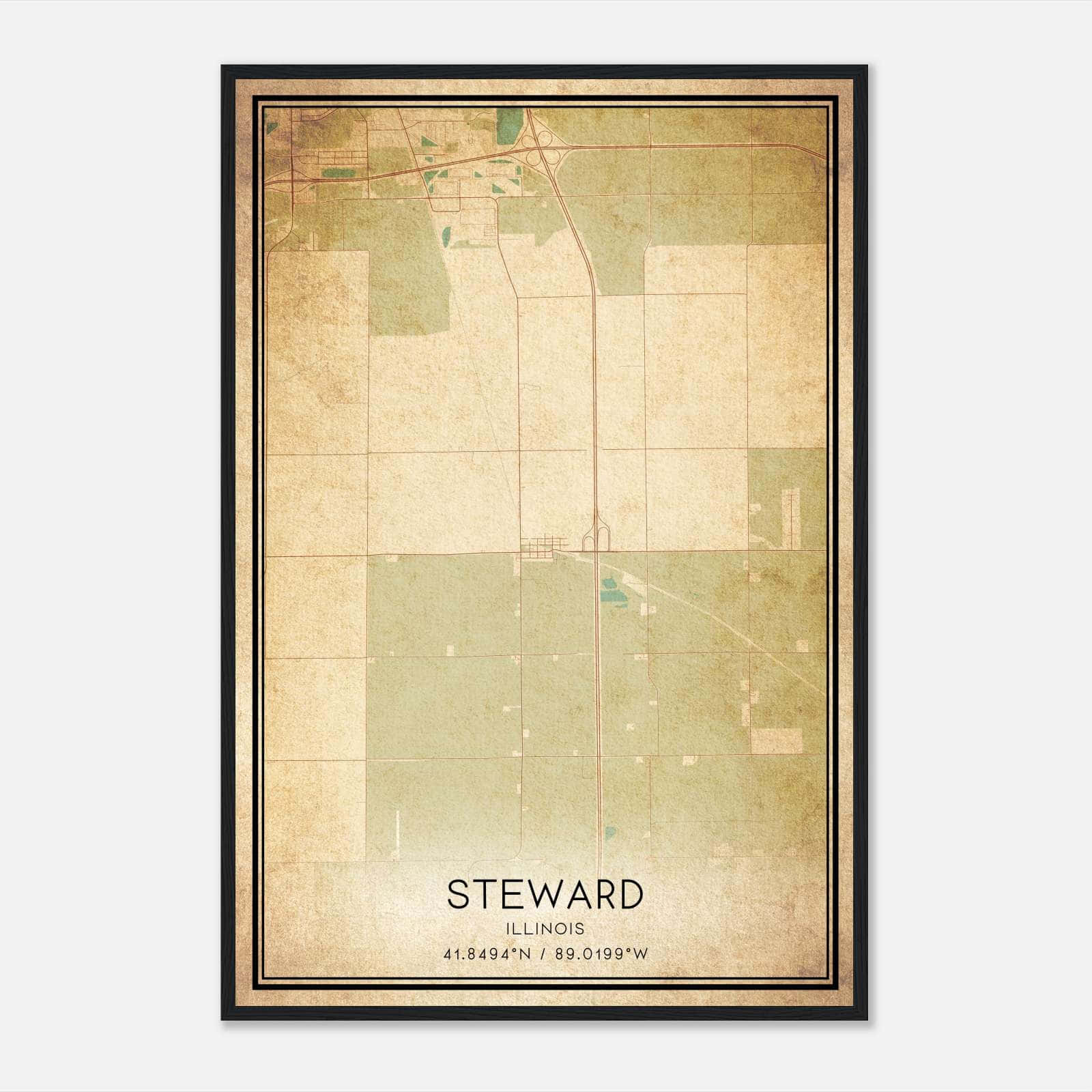 Vintage Steward Illinois Map Poster, Steward IL City Road Wall Art ...