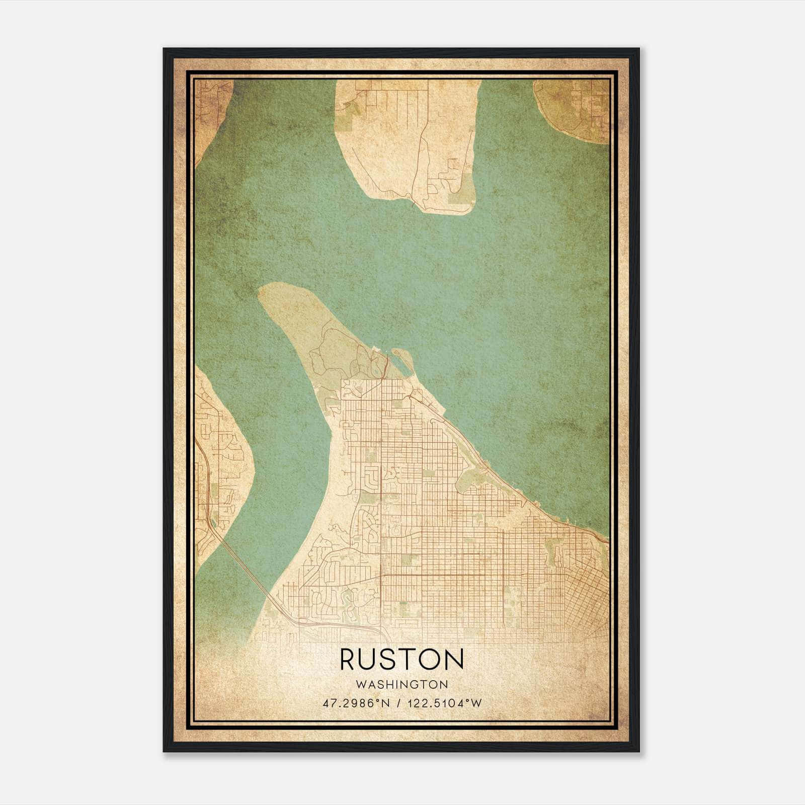 Vintage Ruston Washington Map Poster, Ruston WA City Road Wall Art ...