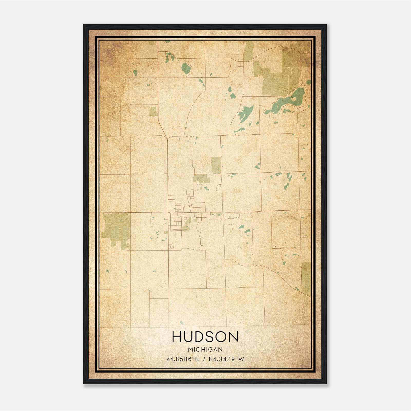 Vintage Hudson Michigan Map Poster, Hudson MI City Road Wall Art Print ...