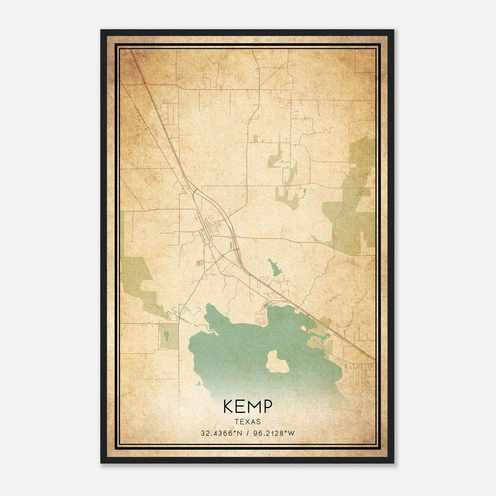 Vintage Kemp Texas Map Poster, Kemp TX City Road Wall Art Print ...