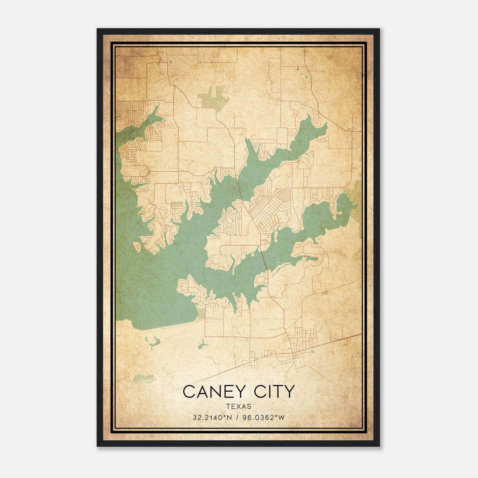 Vintage Caney City Texas Map Poster, Caney City TX City Road Wall Art ...