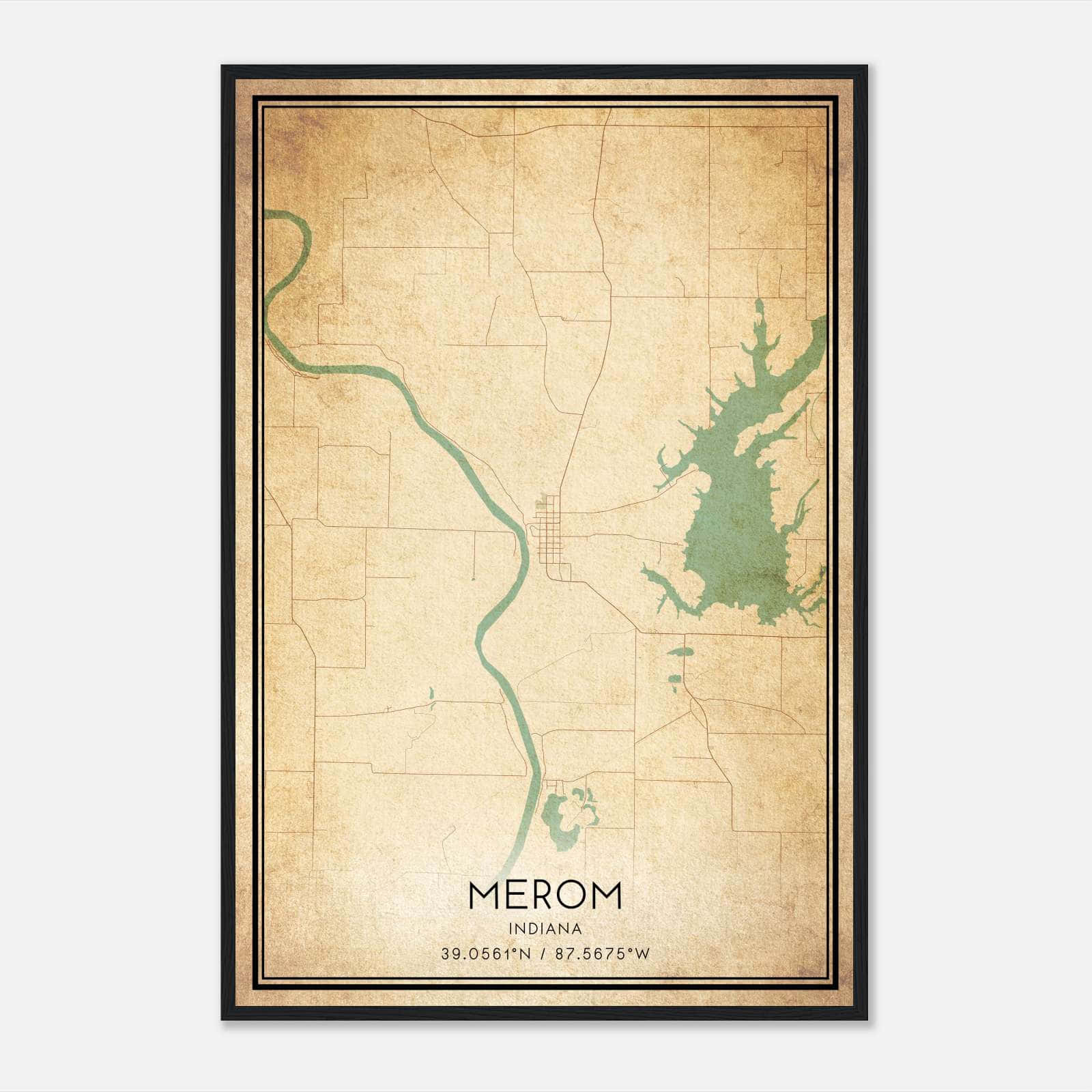 Vintage Merom Indiana Map Poster, Merom IN City Road Wall Art Print ...
