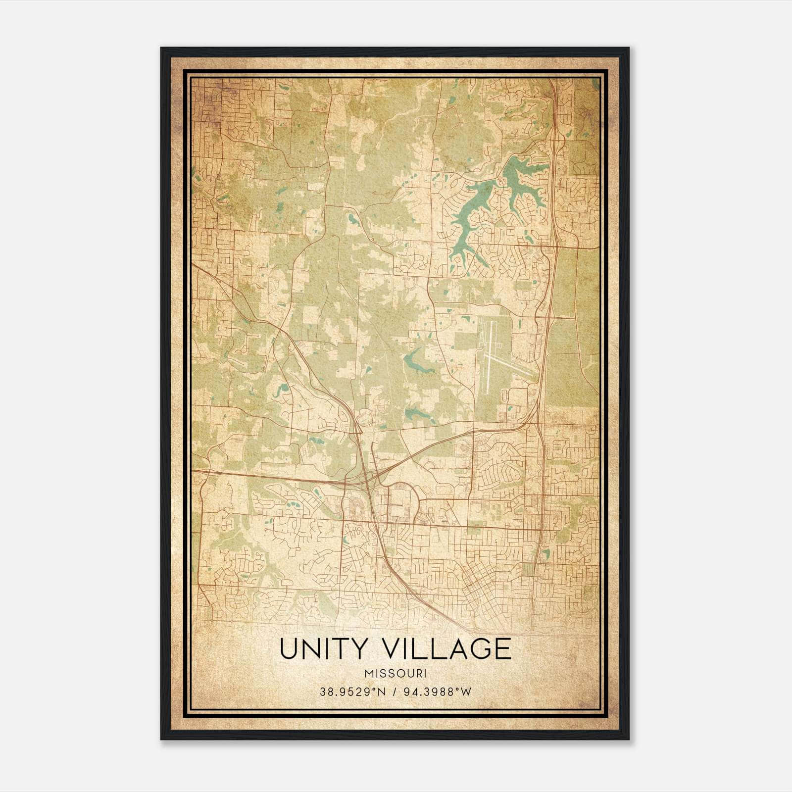 Vintage Unity Village Missouri Map Poster, Unity Village MO City Road ...