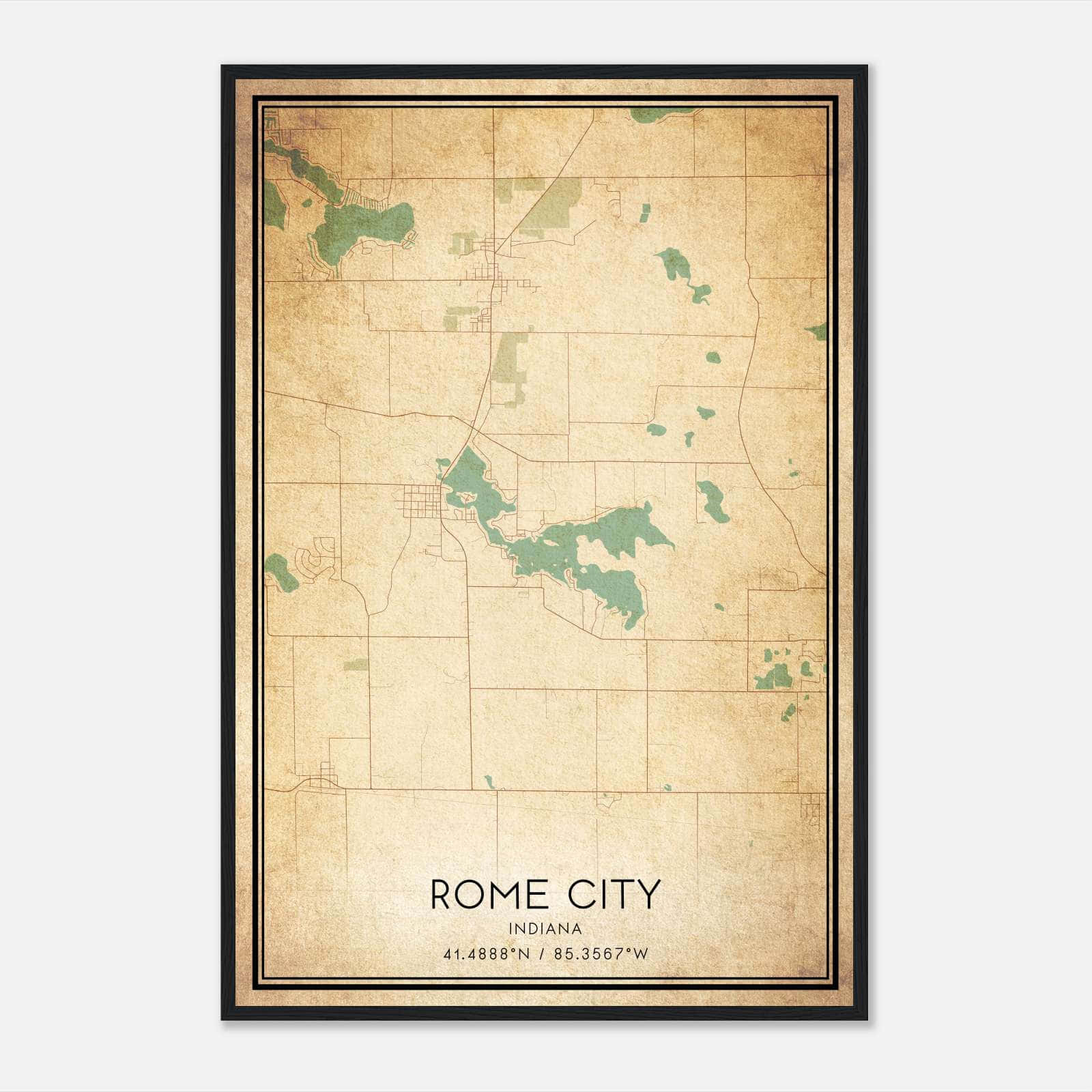 Vintage Rome City Indiana Map Poster, Rome City IN City Road Wall Art ...