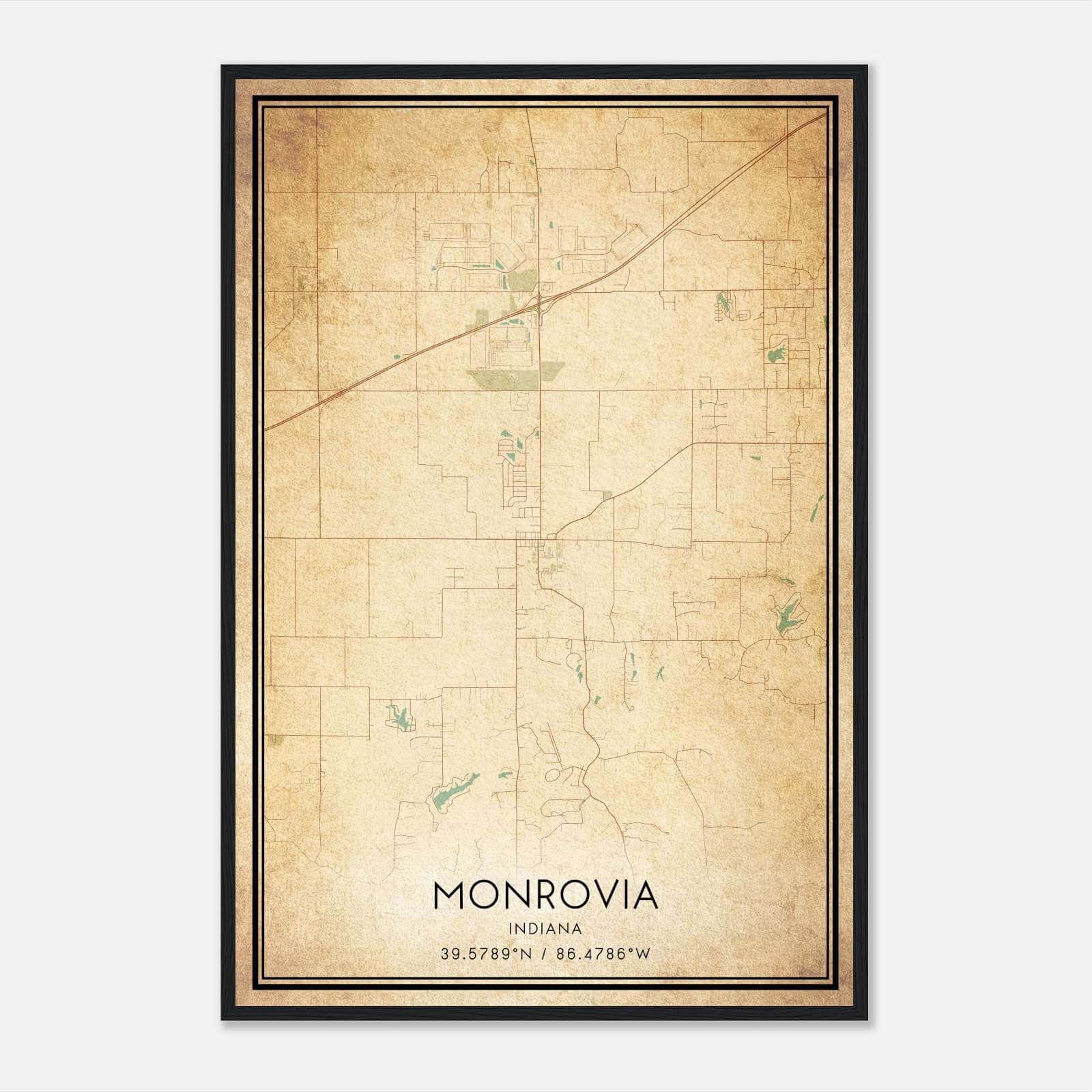 Vintage Monrovia Indiana Map Poster, Monrovia IN City Road Wall Art ...