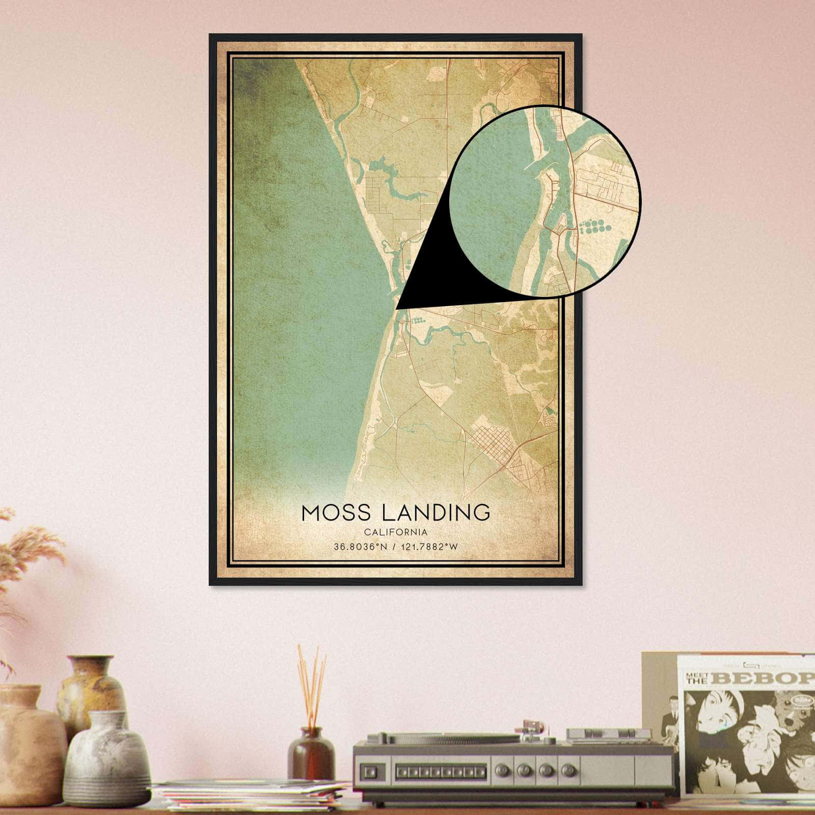 Vintage Moss Landing California Map Poster, Moss Landing CA City Road ...