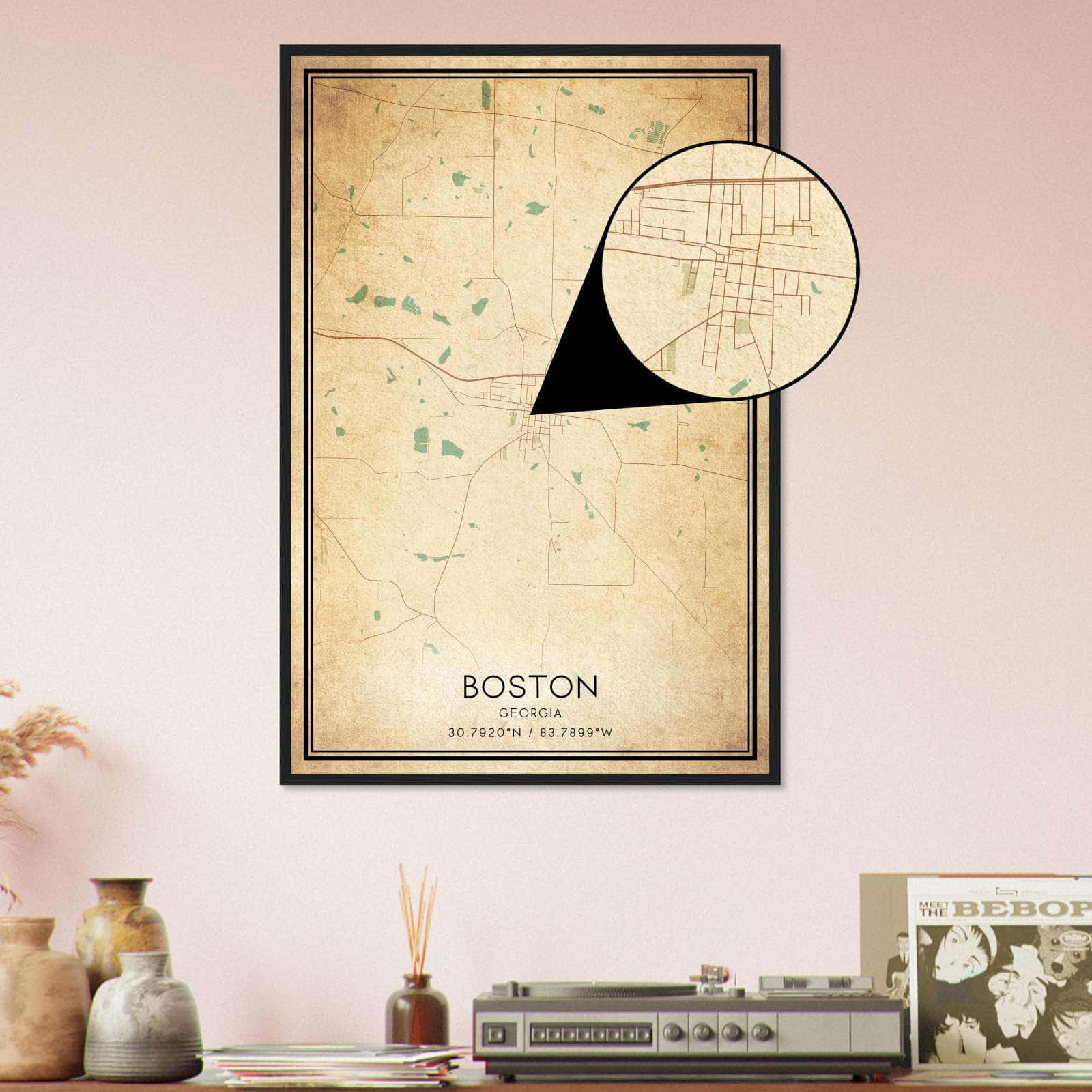 Vintage Boston Georgia Map Poster, Boston GA City Road Wall Art Print ...