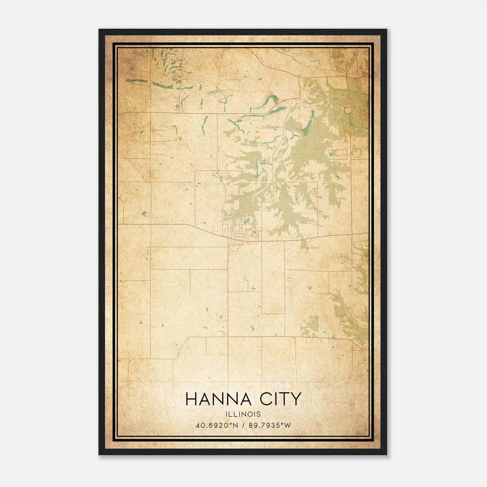 Vintage Hanna City Illinois Map Poster, Hanna City IL City Road Wall ...