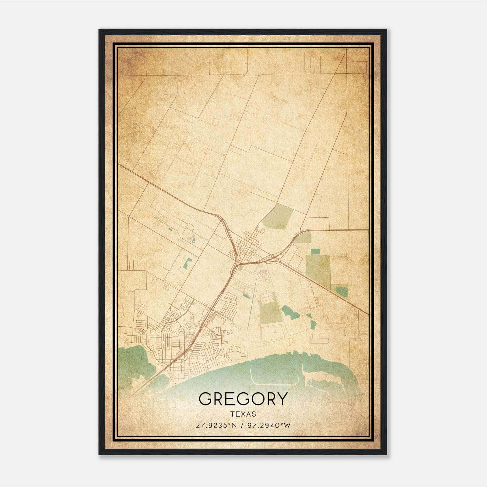 Vintage Gregory Texas Map Poster, Gregory TX City Road Wall Art Print ...