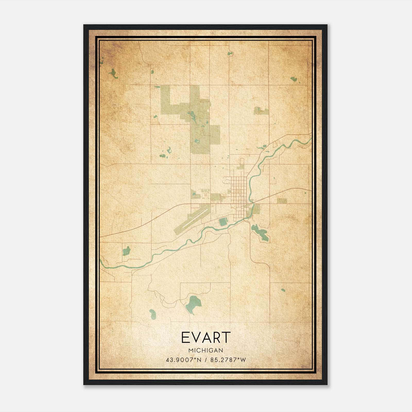 Vintage Evart Michigan Map Poster, Evart MI City Road Wall Art Print ...