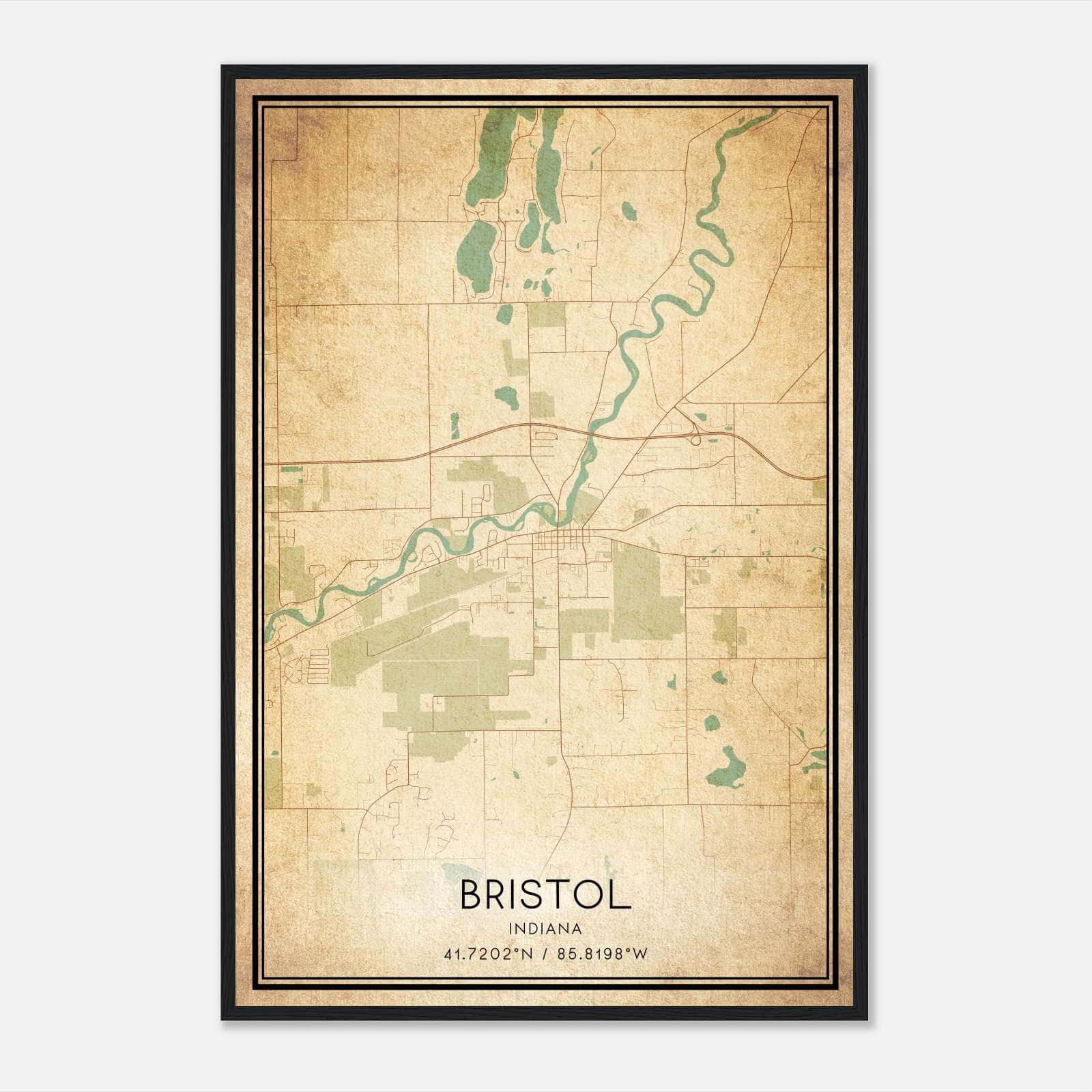 Vintage Bristol Indiana Map Poster, Bristol IN City Road Wall Art Print ...