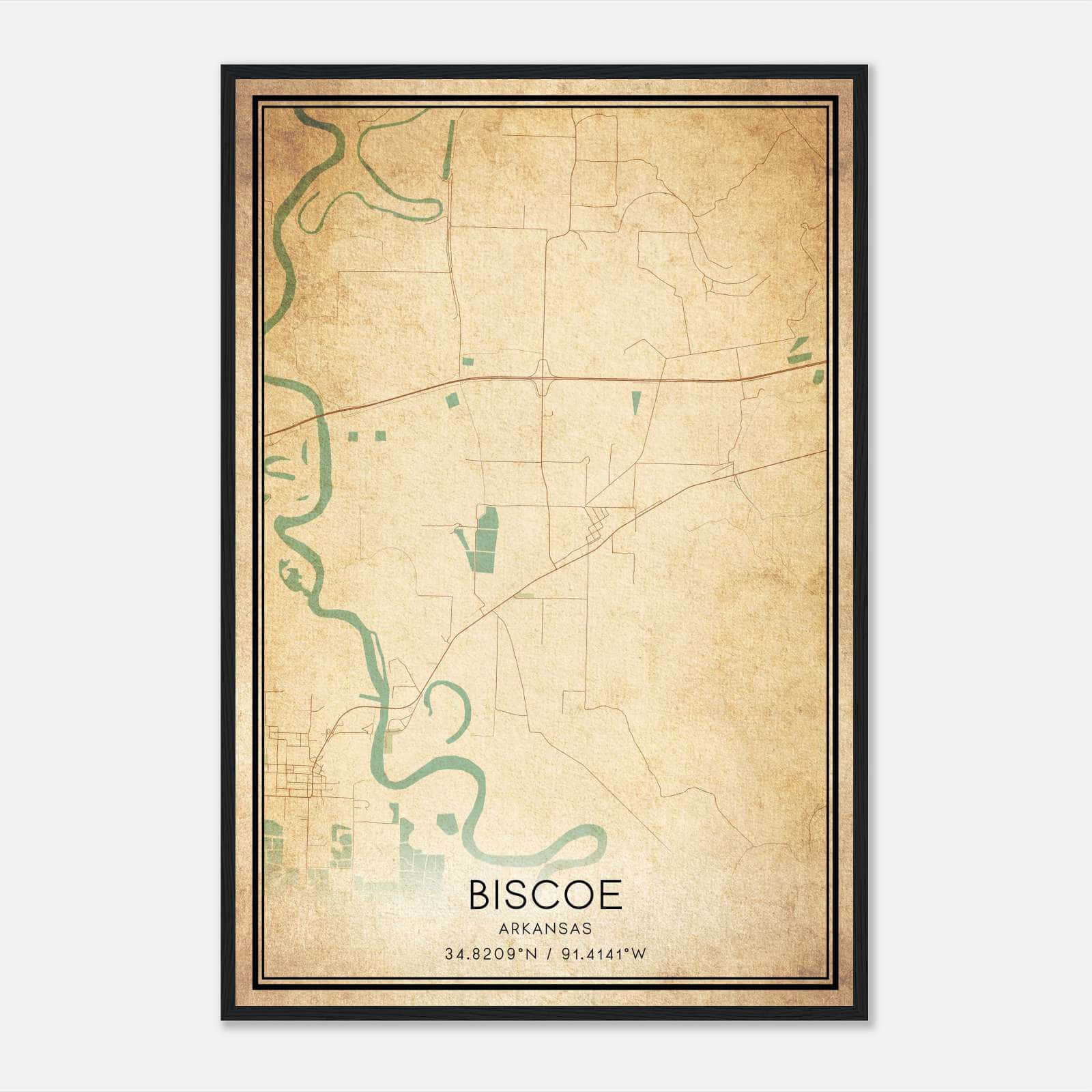 Vintage Biscoe Arkansas Map Poster, Biscoe AR City Road Wall Art Print ...