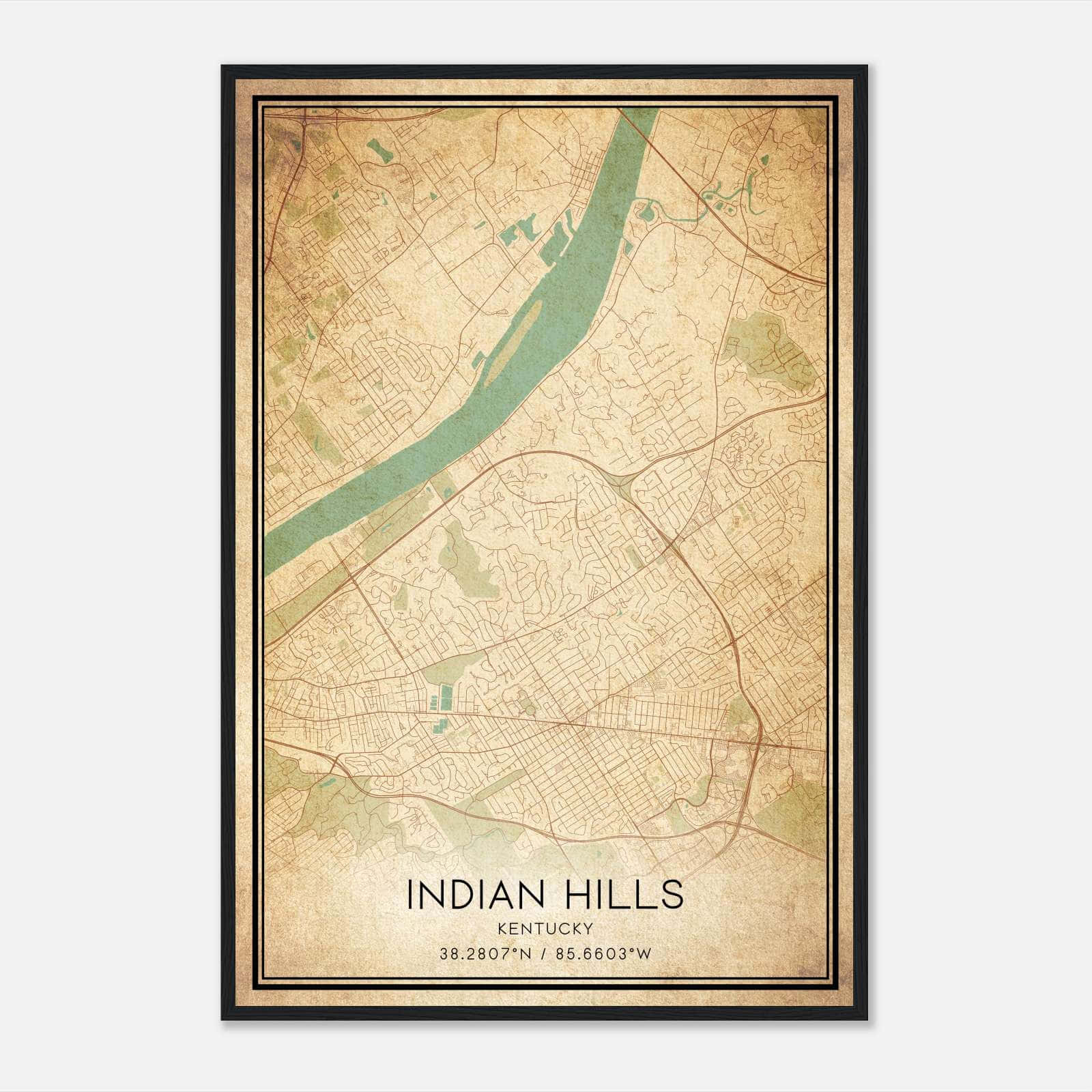 Vintage Indian Hills Kentucky Map Poster, Indian Hills KY City Road ...