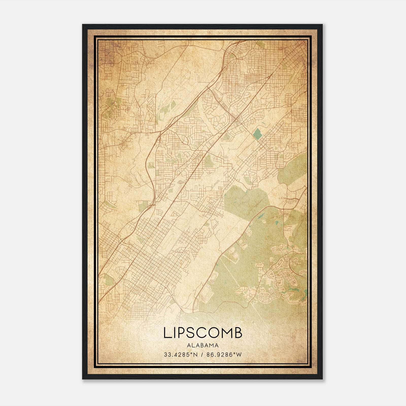 Vintage Lipscomb Alabama Map Poster, Lipscomb AL City Road Wall Art ...