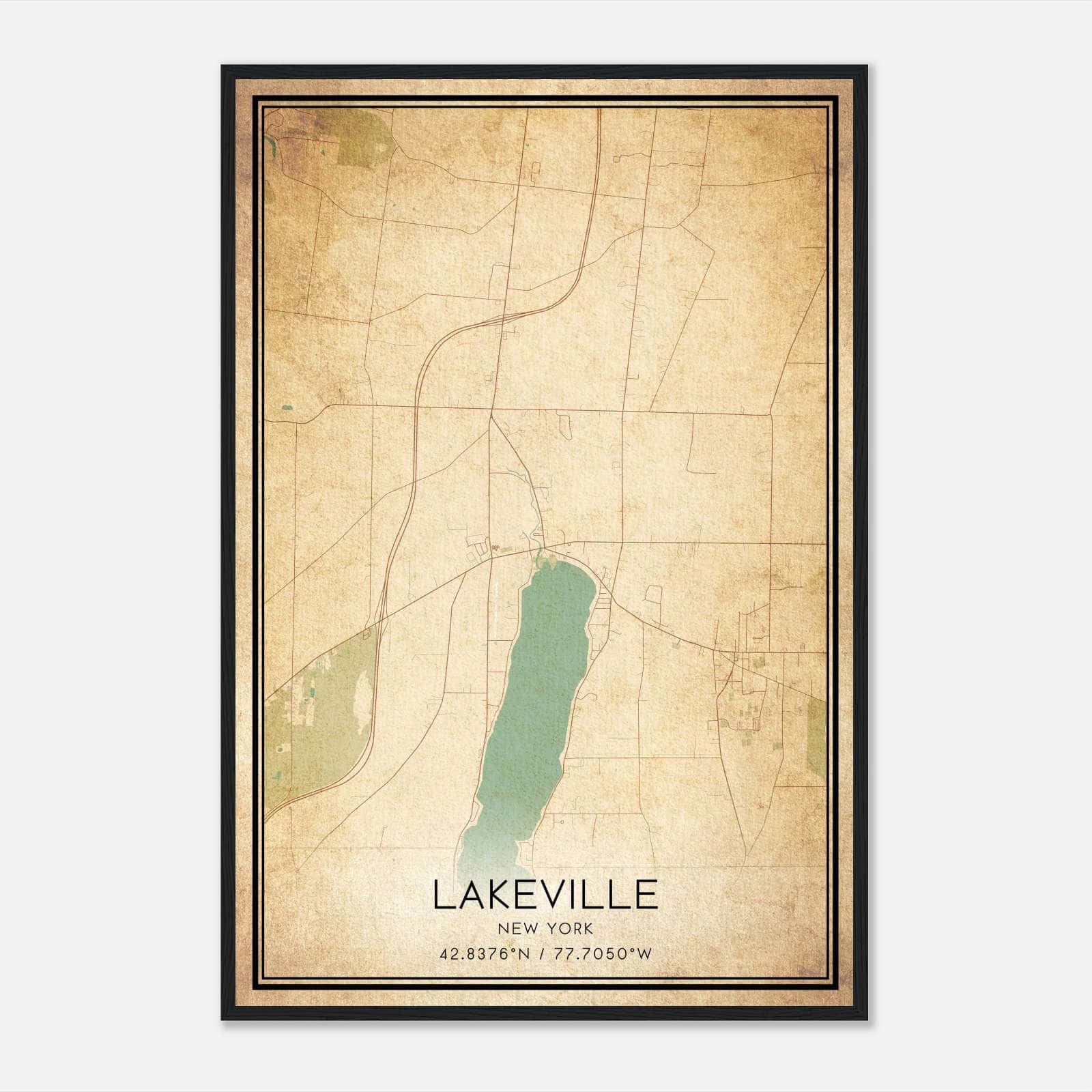 Vintage Lakeville New York Map Poster, Lakeville NY City Road Wall Art Print - Custom Maps & Posters