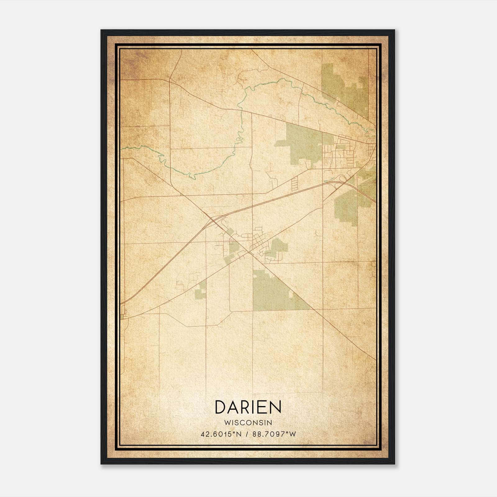 Vintage Darien Wisconsin Map Poster, Darien WI City Road Wall Art Print ...