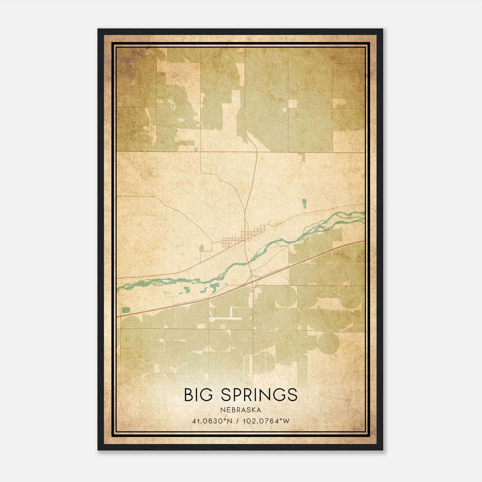 Vintage Big Springs Nebraska Map Poster, Big Springs NE City Road Wall ...