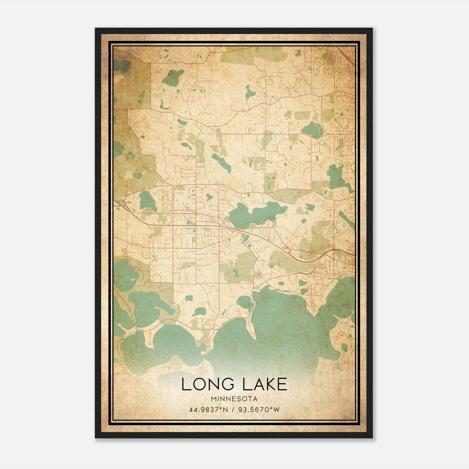 Vintage Long Lake Minnesota Map Poster, Long Lake MN City Road Wall Art ...