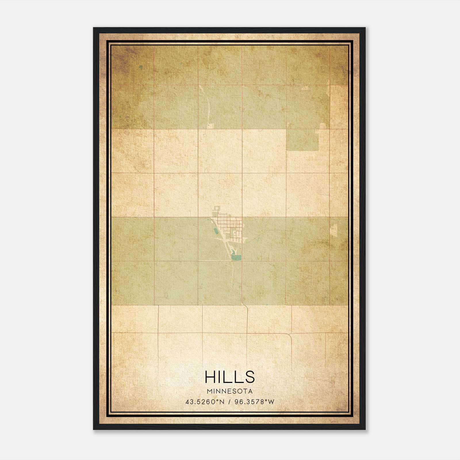 Vintage Hills Minnesota Map Poster, Hills MN City Road Wall Art Print ...