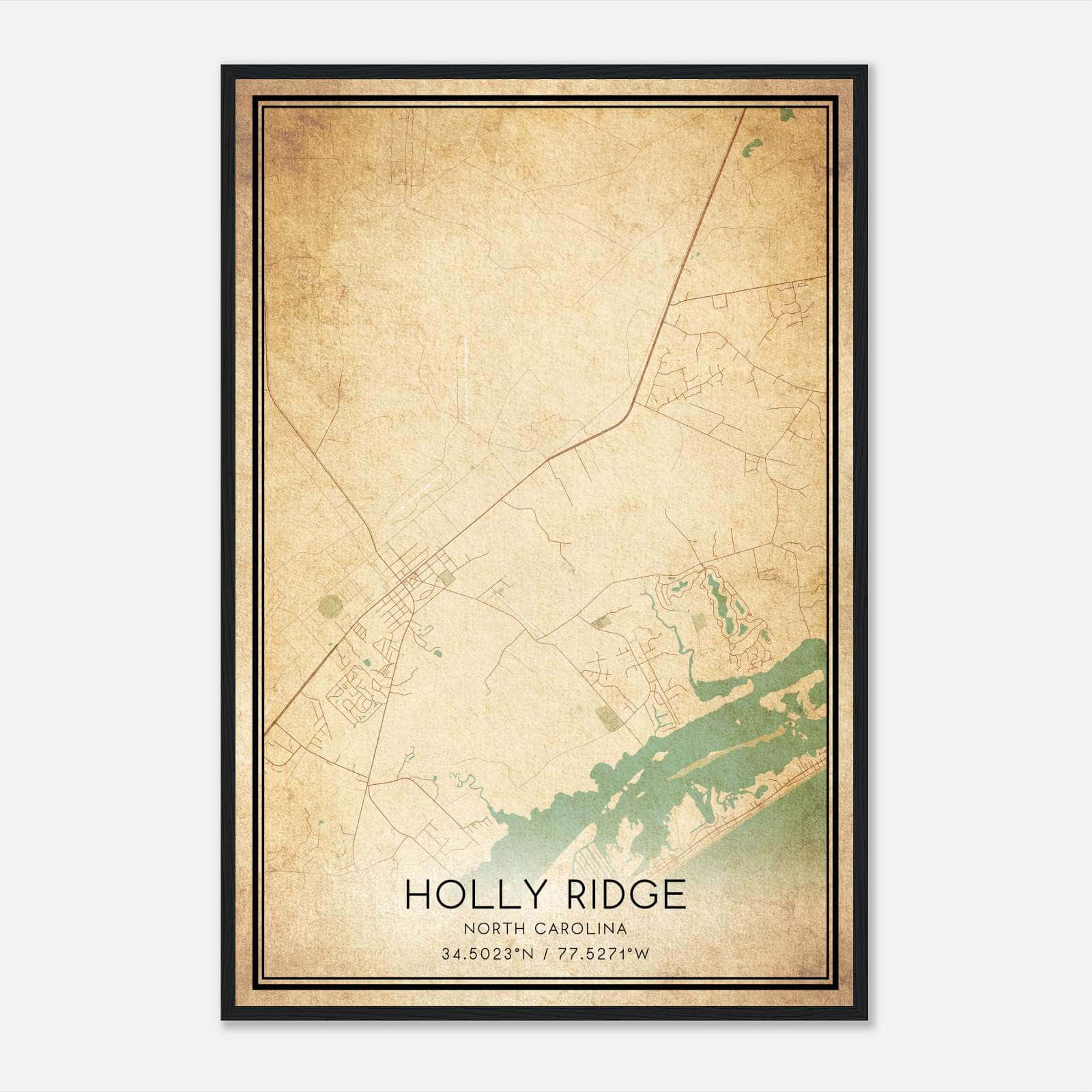 Vintage Holly Ridge North Carolina Map Poster, Holly Ridge NC City Road ...